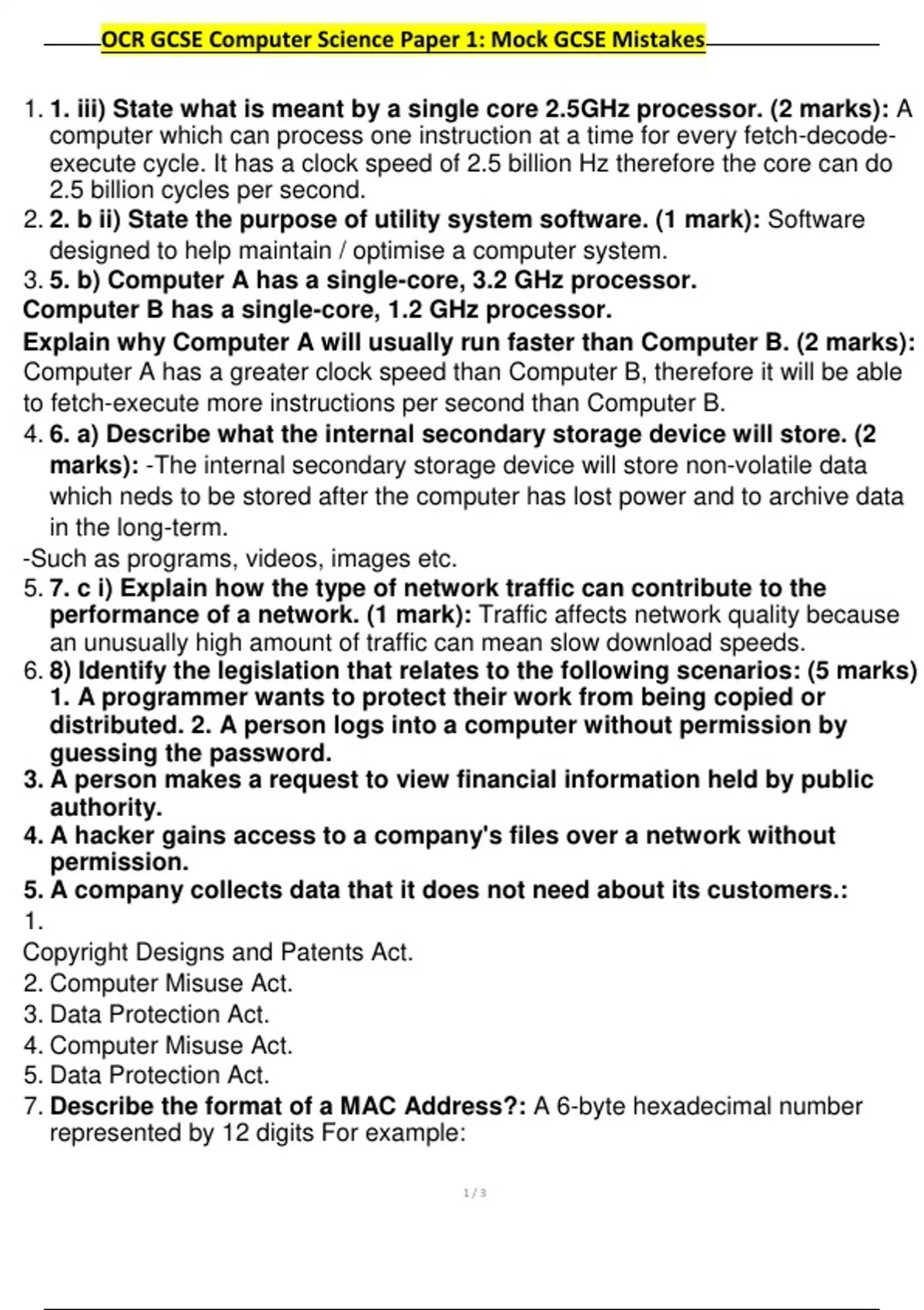 OCR GCSE Computer Science Paper 1 Mock GCSE Mistakes.pdf well answered - OCR GCSE - Stuvia US