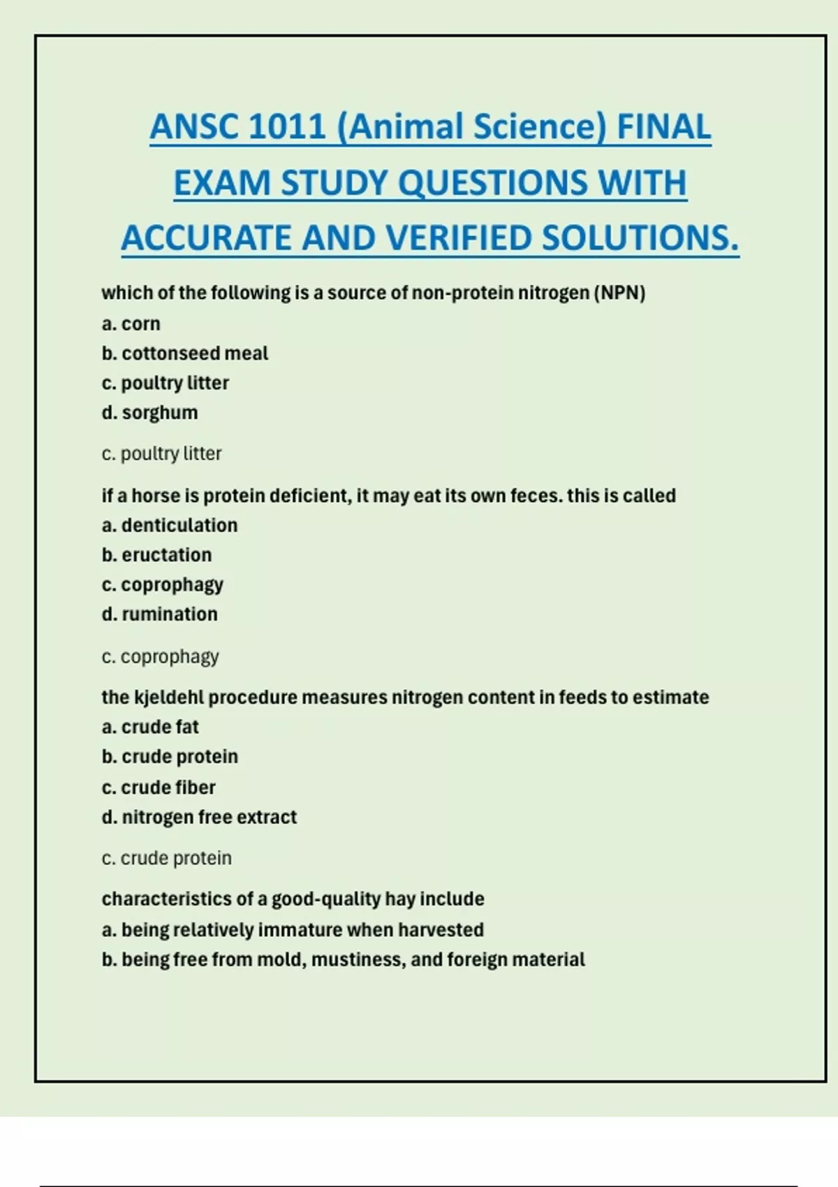 ANSC 1011 (Animal Science) FINAL EXAM STUDY QUESTIONS WITH ACCURATE AND ...
