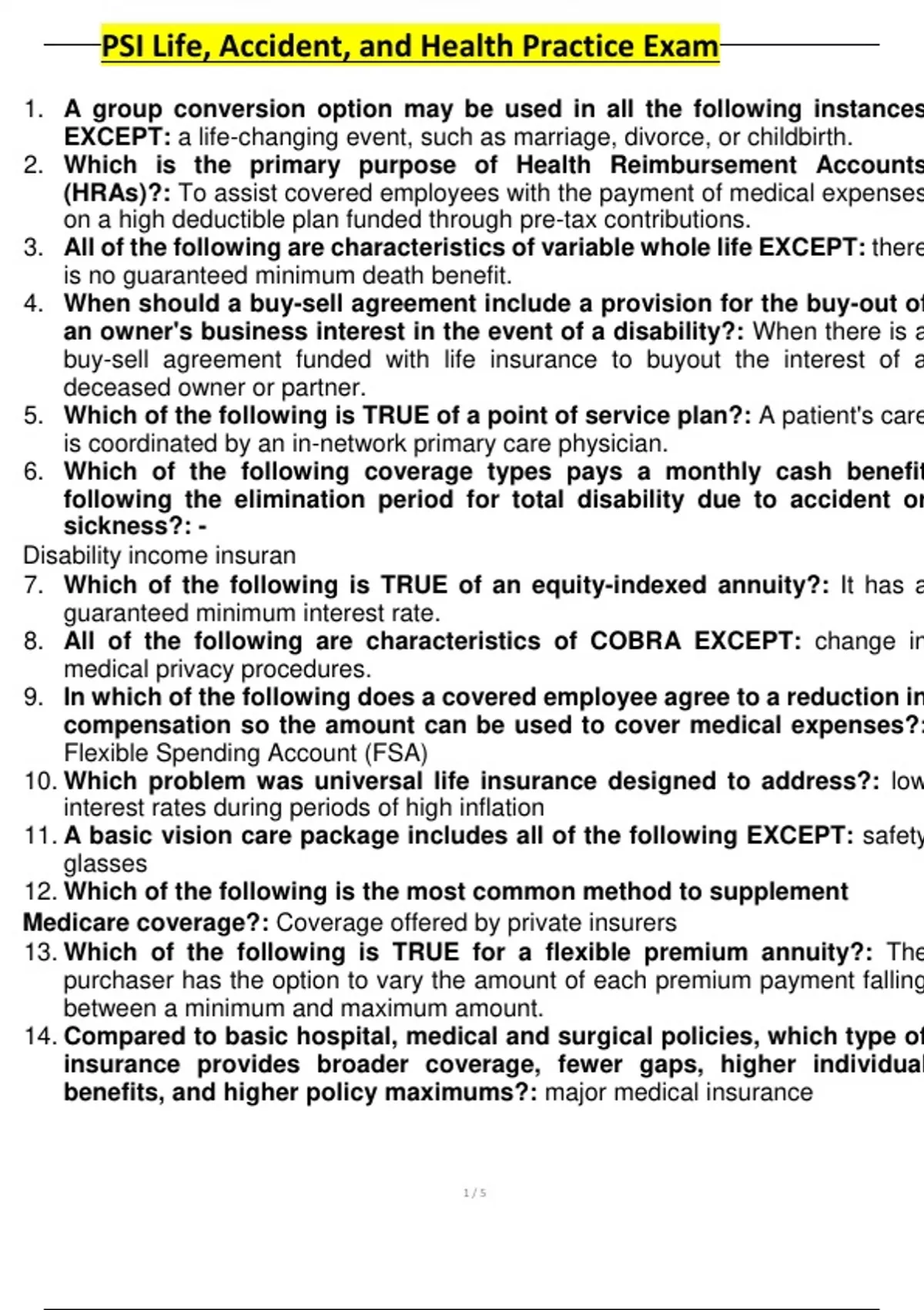 PSI Life, Accident, and Health Practice Exam 2025.pdf questions and ...