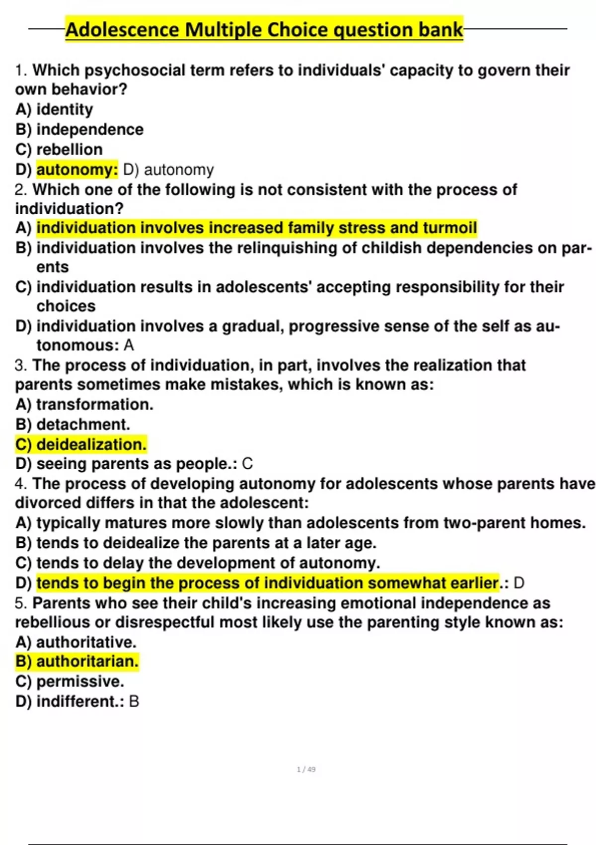 Adolescence Multiple Choice question bank.pdf verified answers 2025 ...