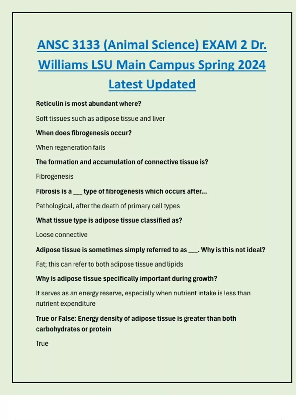 ANSC 3133 (Animal Science) EXAM 2 Dr. Williams LSU Main Campus Spring ...