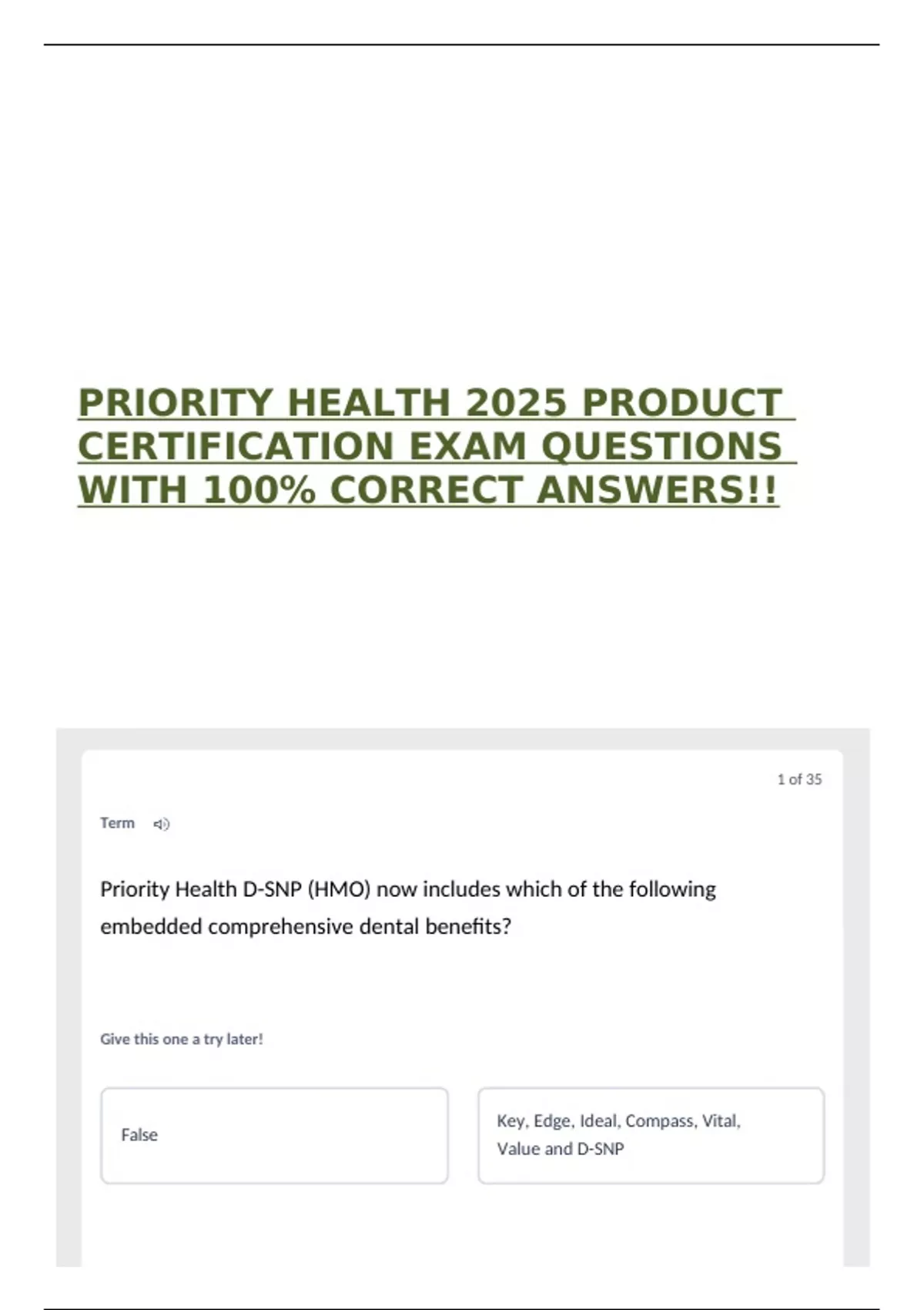 PRIORITY HEALTH 2025 PRODUCT CERTIFICATION EXAM QUESTIONS WITH 100% ...