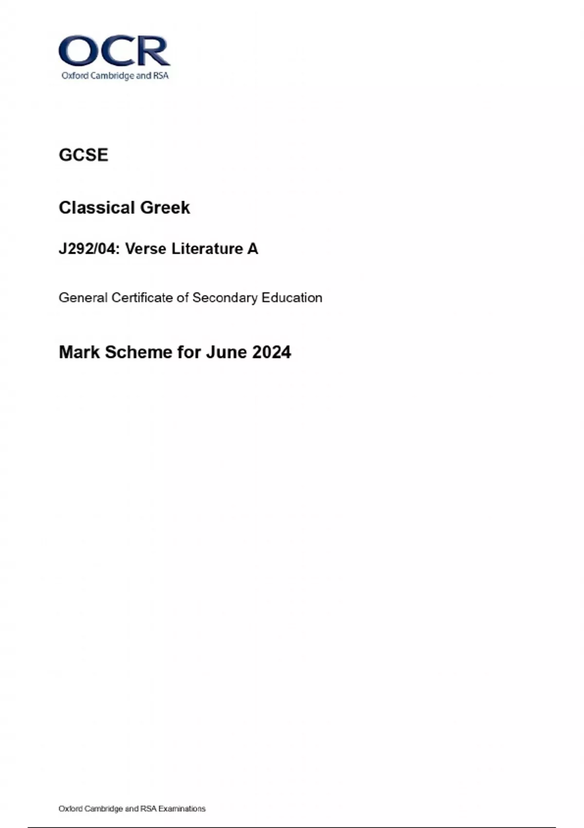 OCR GCSE Classical Greek J292/04: Verse Literature A Mark Scheme for ...