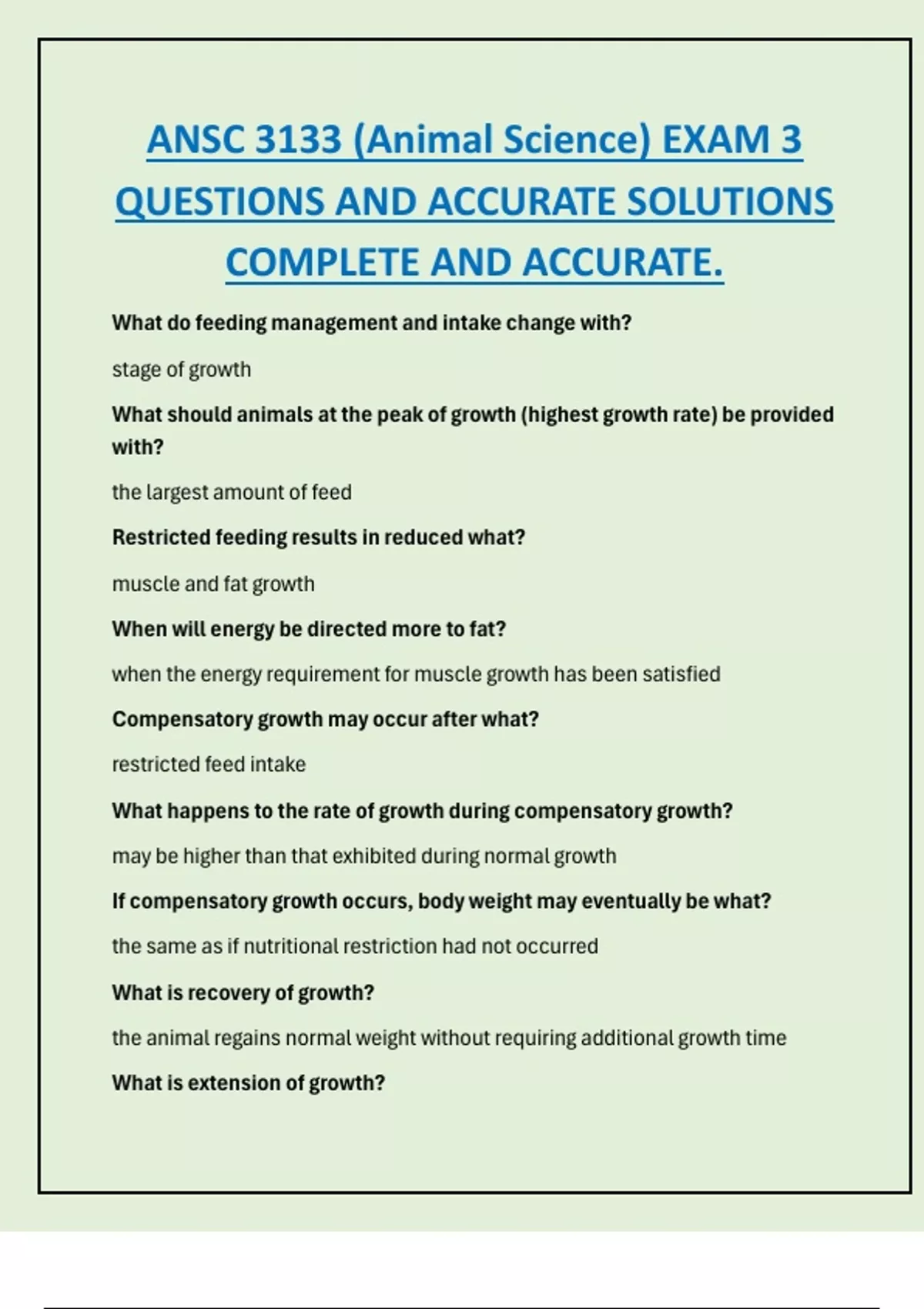 ANSC 3133 (Animal Science) EXAM 3 QUESTIONS AND ACCURATE SOLUTIONS ...