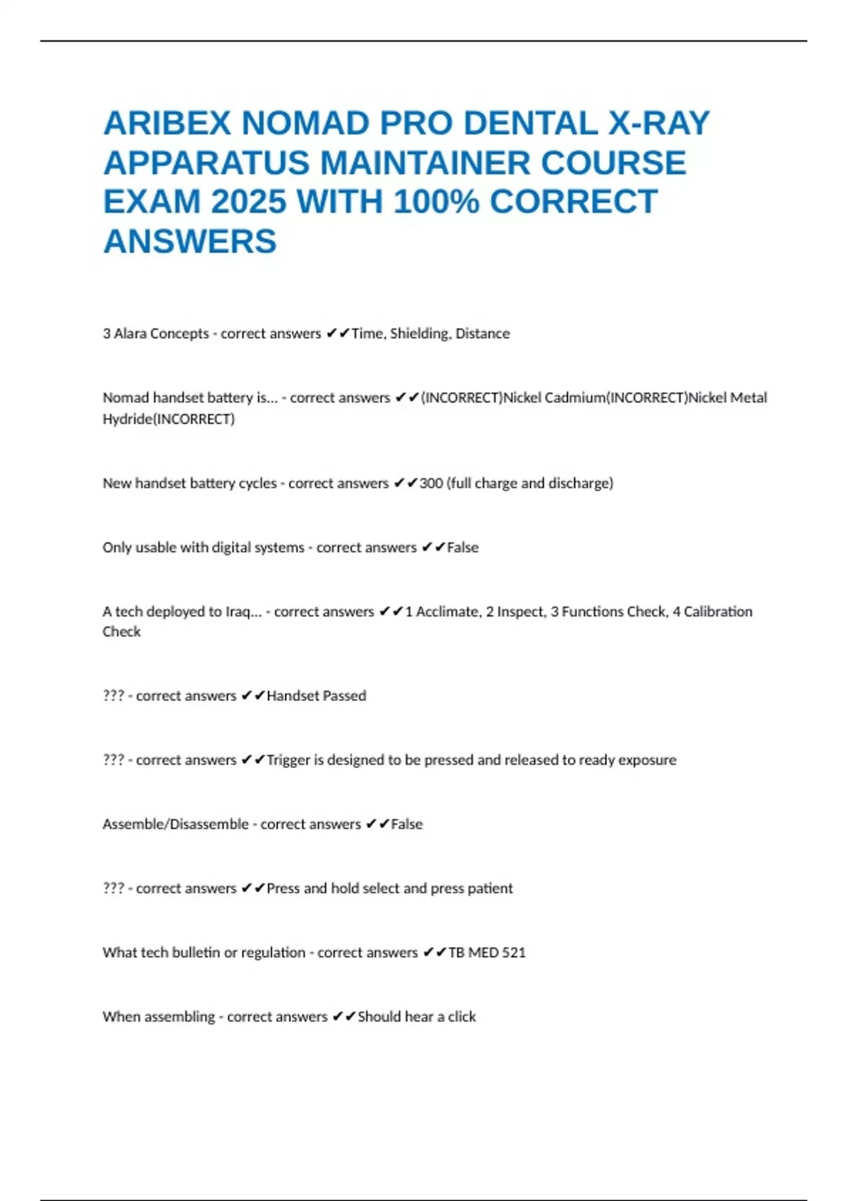 ARIBEX NOMAD PRO DENTAL X-RAY APPARATUS MAINTAINER COURSE EXAM 2025 ...