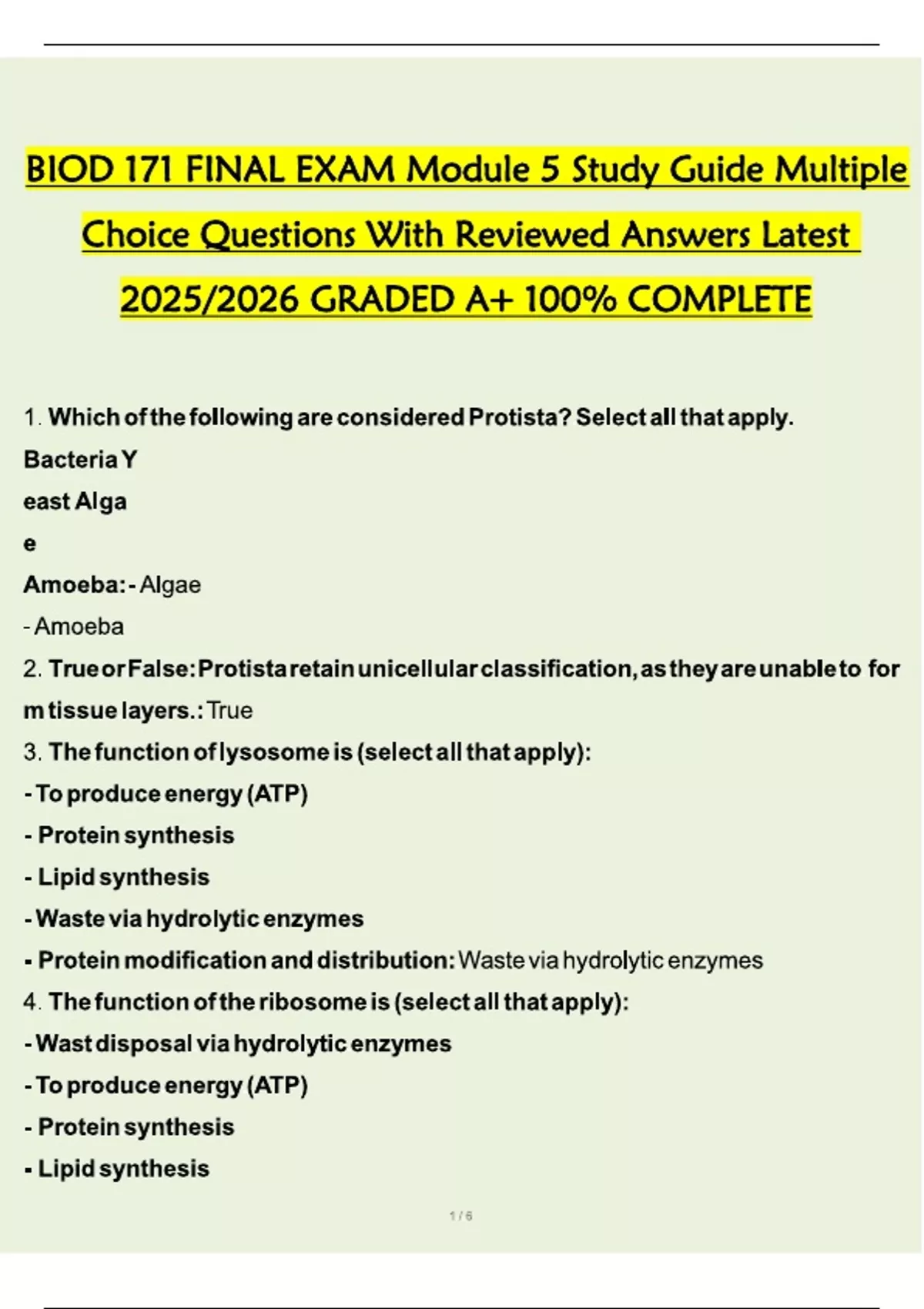 BIOD 171 FINAL EXAM Module 5 Study Guide Multiple Choice Questions With ...