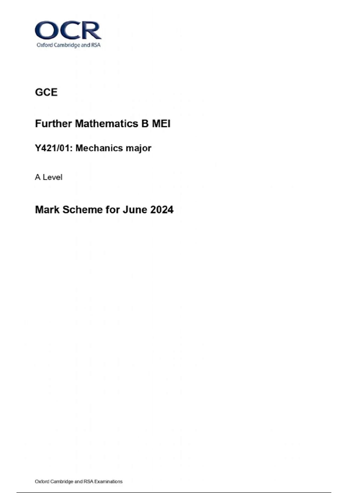 OCR A Level Further Mathematics B MEI Y421/01: Mechanics major Mark ...