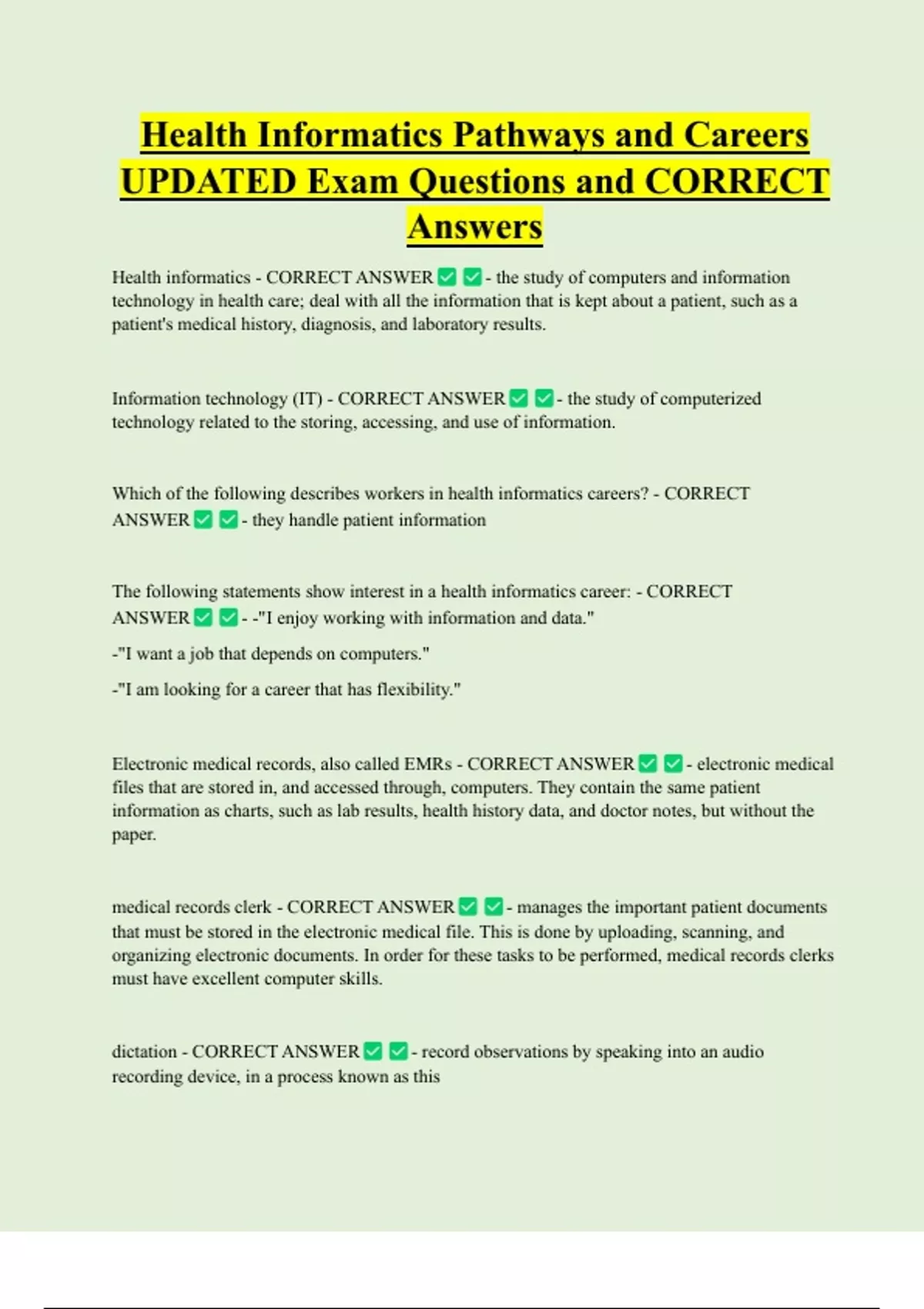 Health Informatics Pathways and Careers UPDATED Exam Questions and CORRECT Answers - Health ...