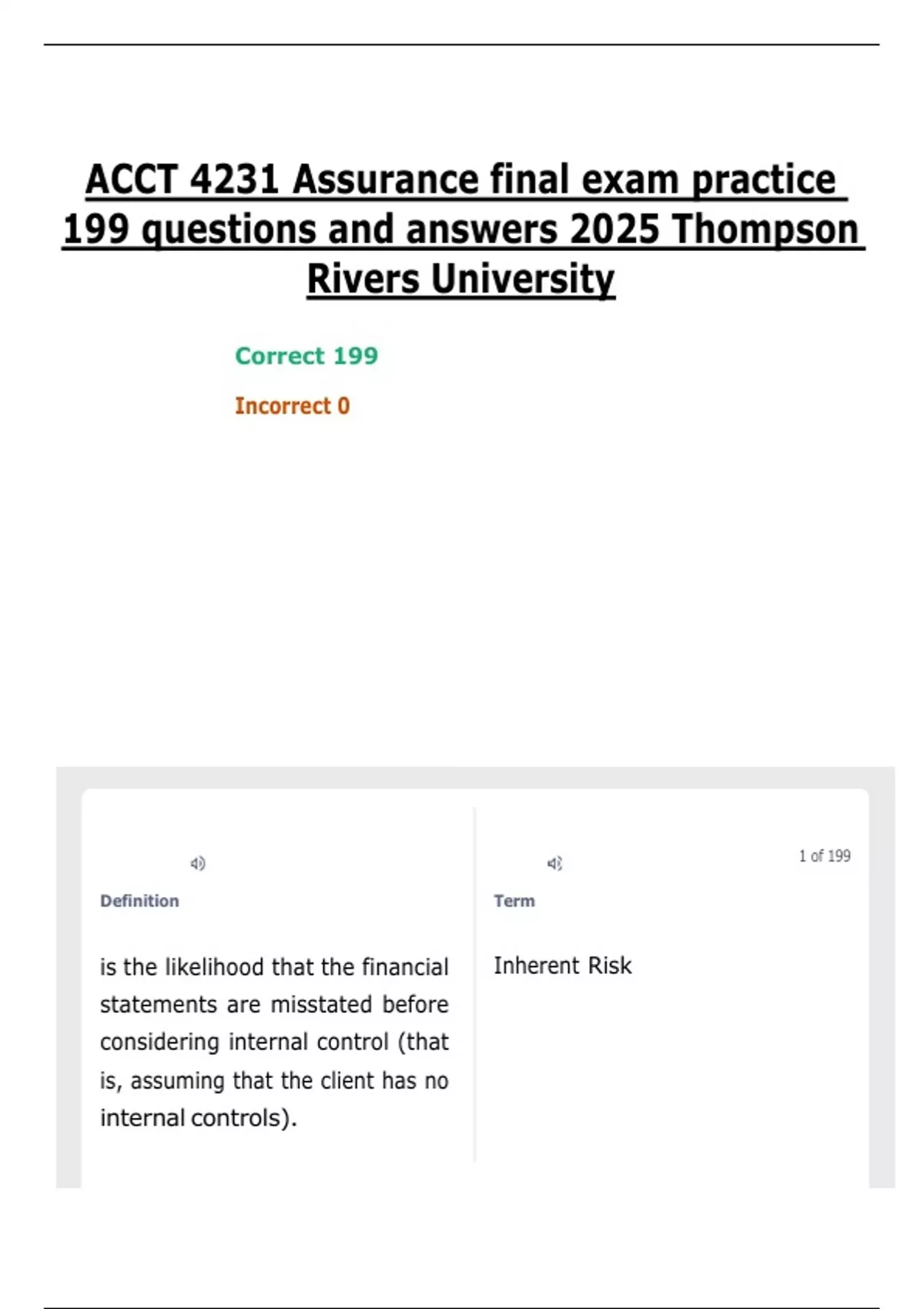 ACCT 4231 Assurance final exam practice 199 questions and answers 2025 Thompson Rivers ...