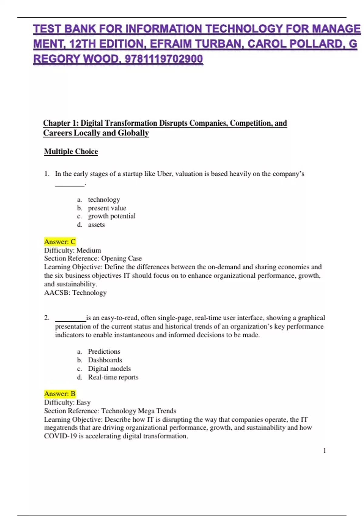 TEST BANK FOR INFORMATION TECHNOLOGY FOR MANAGEMENT, 12TH EDITION ...