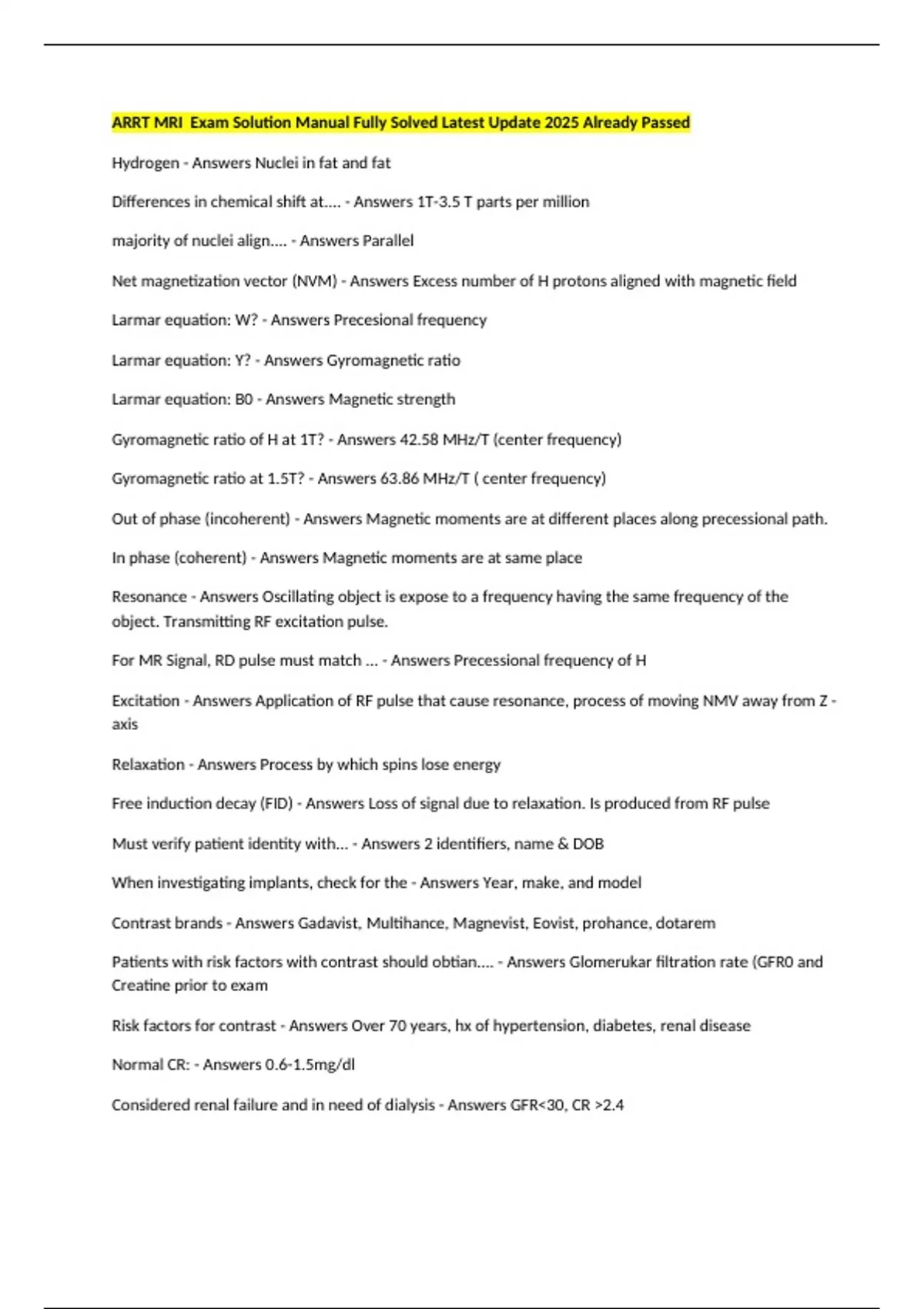 ARRT MRI Exam Solution Manual Fully Solved Latest Update 2025 Already ...