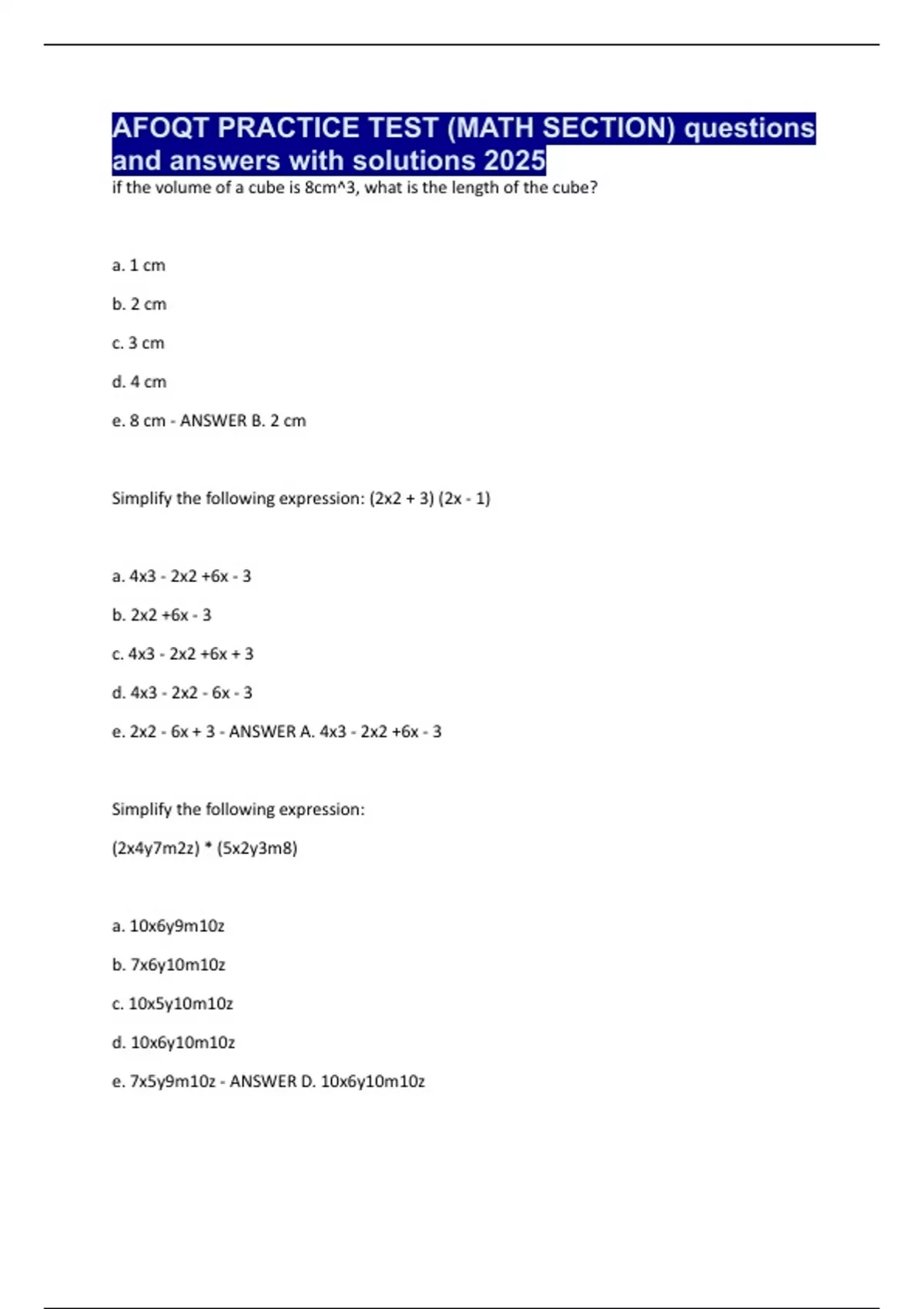 Afoqt Practice Test Math Section Questions And Answers With Solutions 2025 Afoqt Stuvia Us