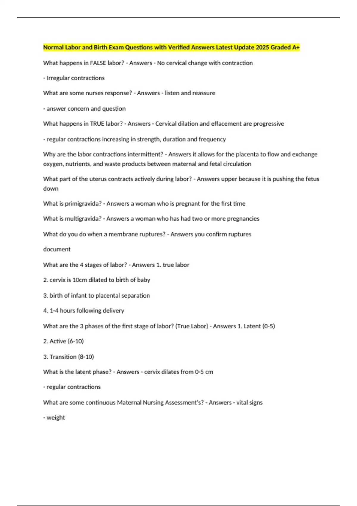 Normal Labor and Birth Exam Questions with Verified Answers Latest ...