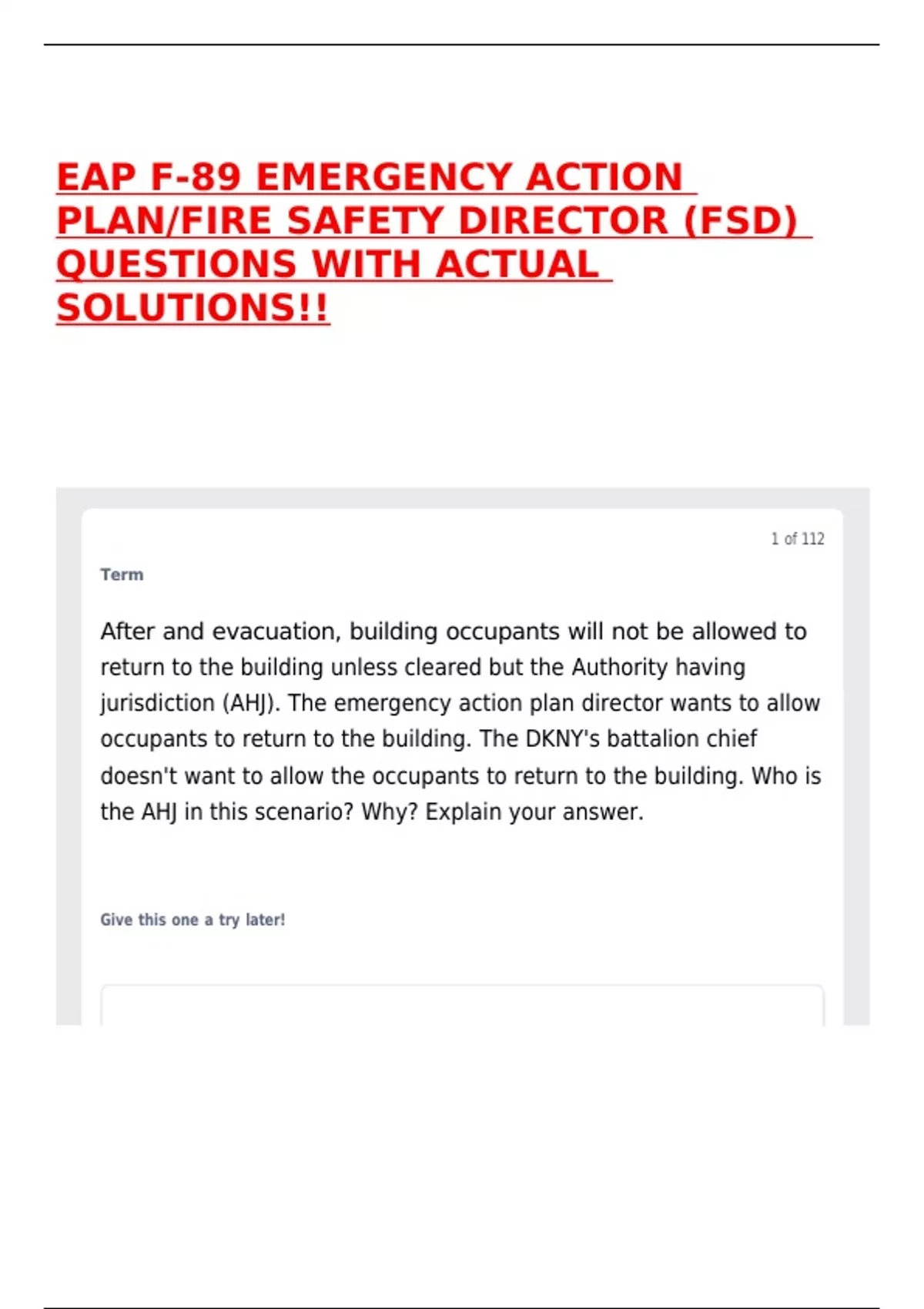 EAP F-89 EMERGENCY ACTION PLAN/FIRE SAFETY DIRECTOR (FSD) QUESTIONS WITH ACTUAL SOLUTIONS ...