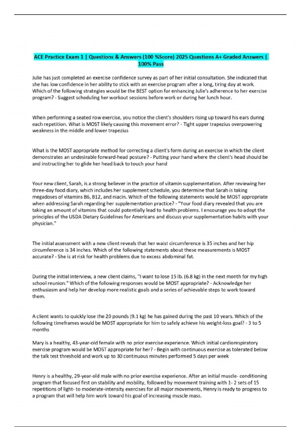 ACE Practice Exam 1 | Questions & Answers (100 %Score) 2025 Questions ...