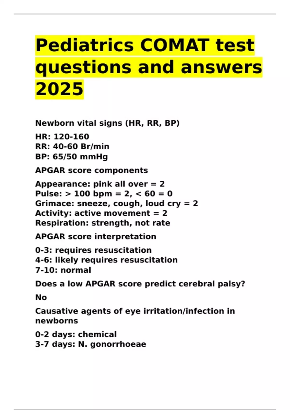 Pediatrics COMAT test questions and answers 2025 - Comat - Stuvia US