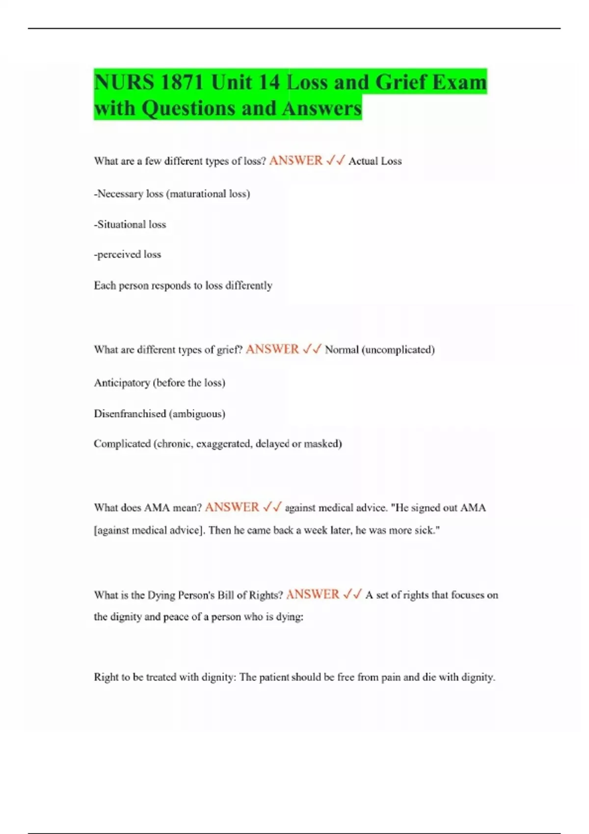 NURS 1871 Unit 14 Loss and Grief Exam with Questions and Answers - Nurs ...
