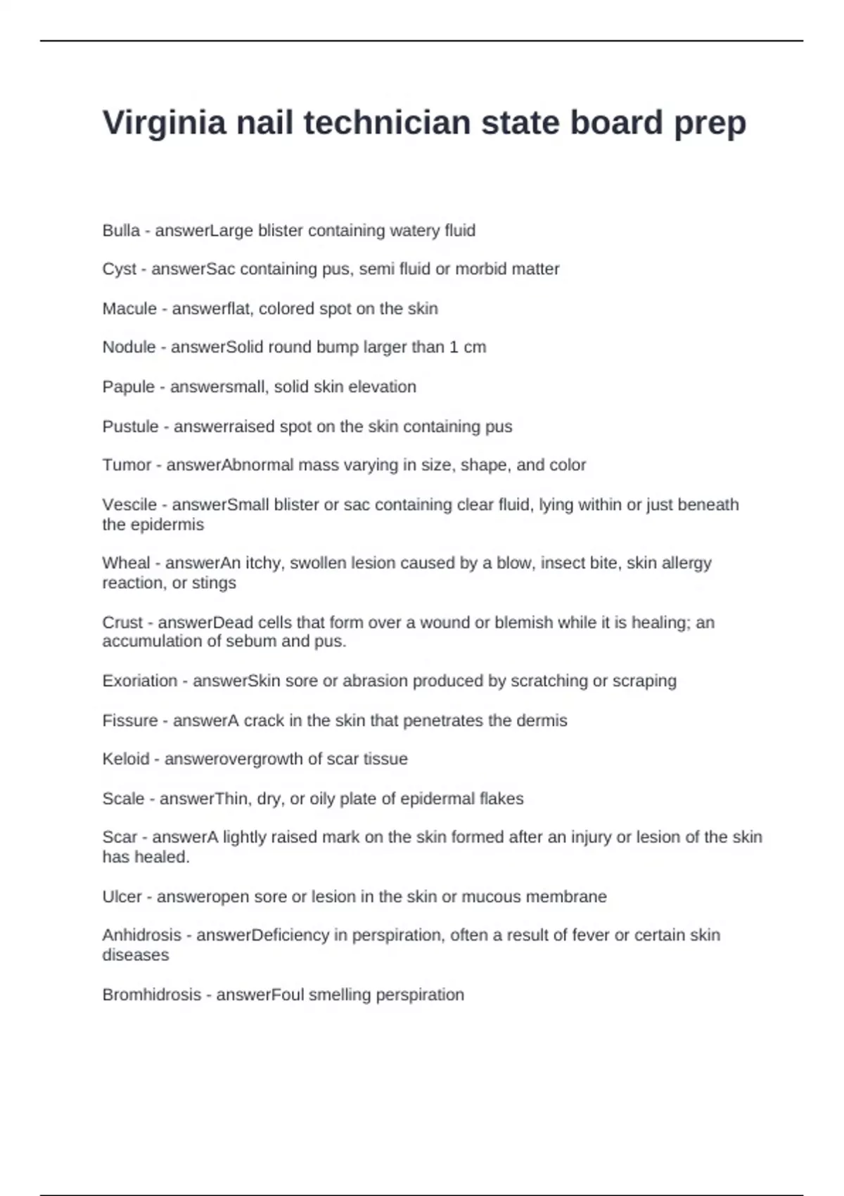 Virginia nail technician state board prep Questions and Answers 100% ...