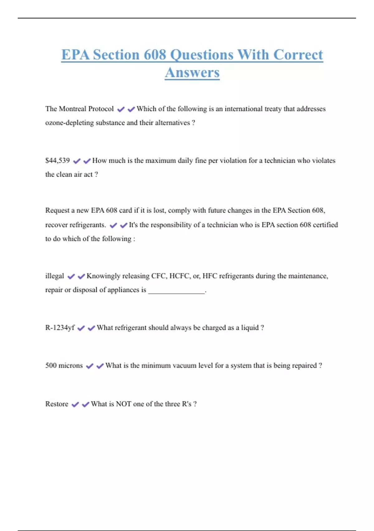 EPA Section 608 Questions With Correct Answers - EPA .. - Stuvia US
