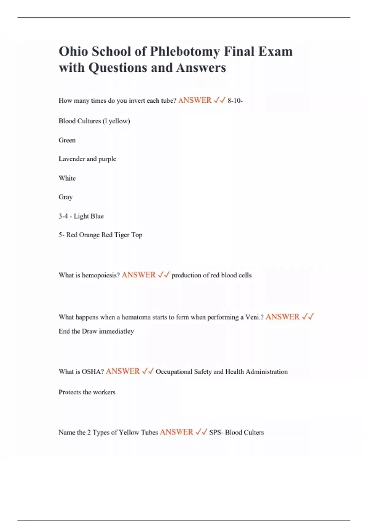 Ohio School of Phlebotomy Final Exam with Questions and Answers ...