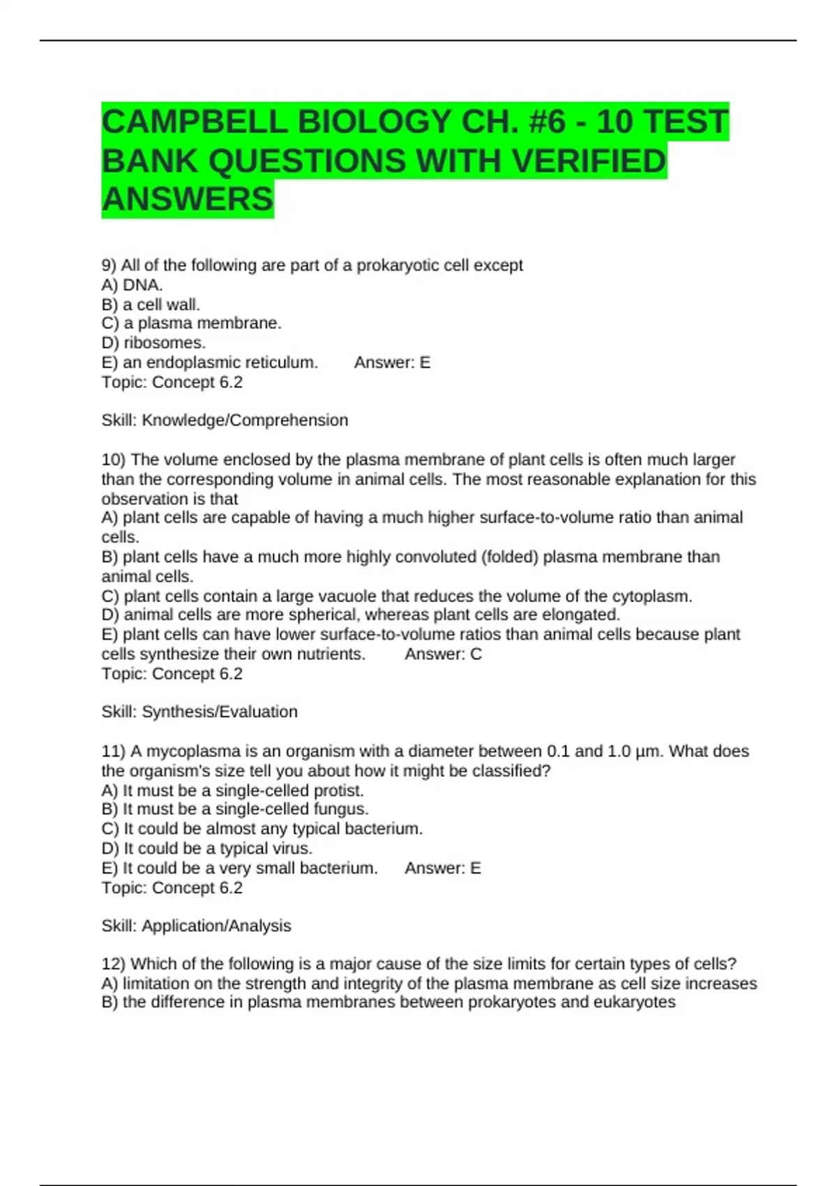 CAMPBELL BIOLOGY CH. #6 - 10 TEST BANK QUESTIONS WITH VERIFIED ANSWERS ...