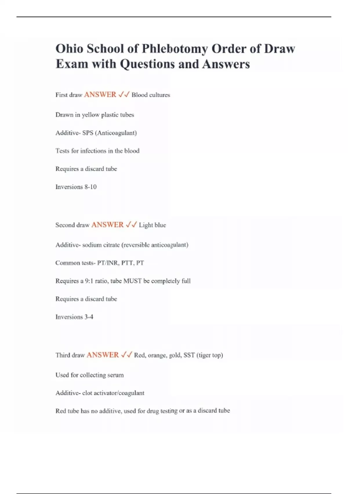 Ohio School of Phlebotomy Order of Draw Exam with Questions and Answers ...