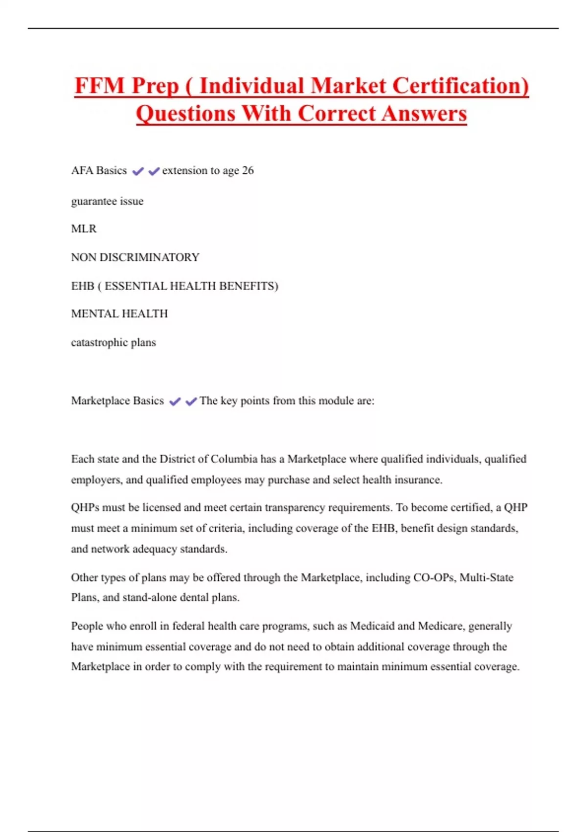 FFM Prep ( Individual Market Certification) Questions With Correct Answers - FFM - Stuvia US