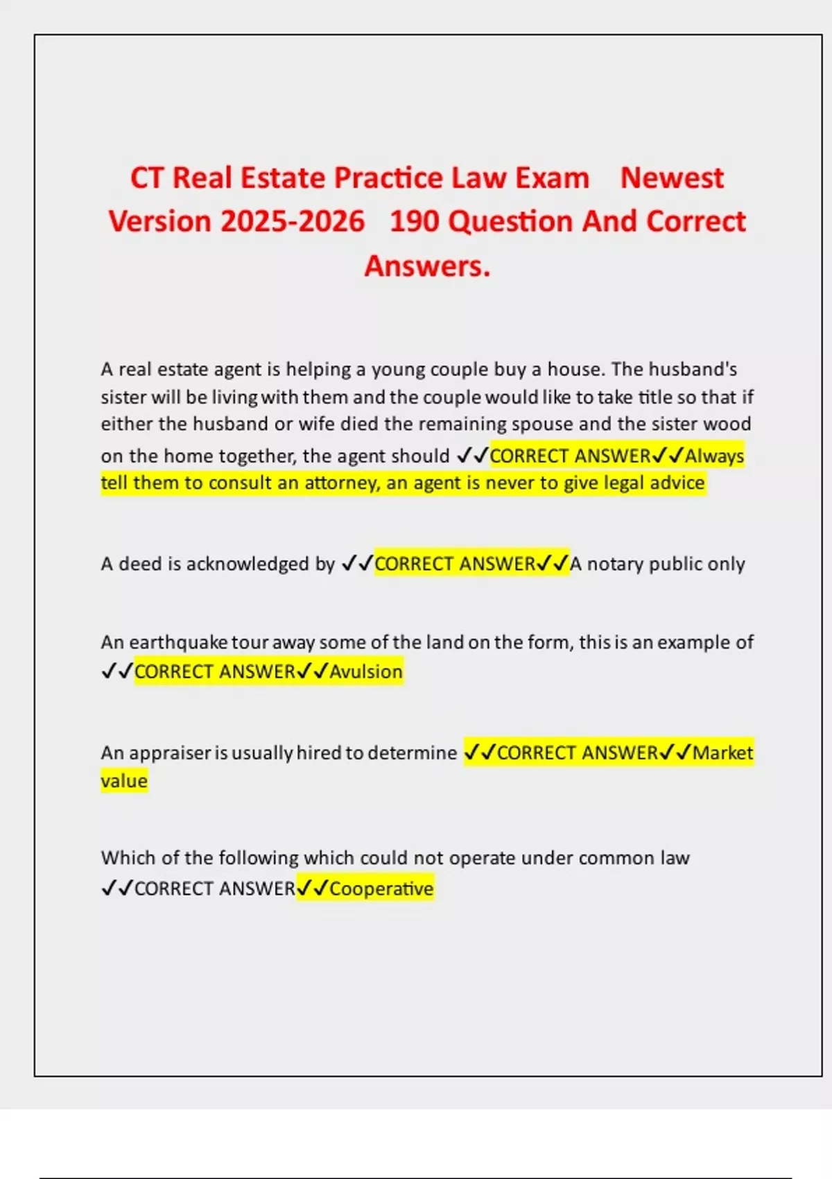 CT Real Estate Practice Law Exam Newest Version Question And Correct ...