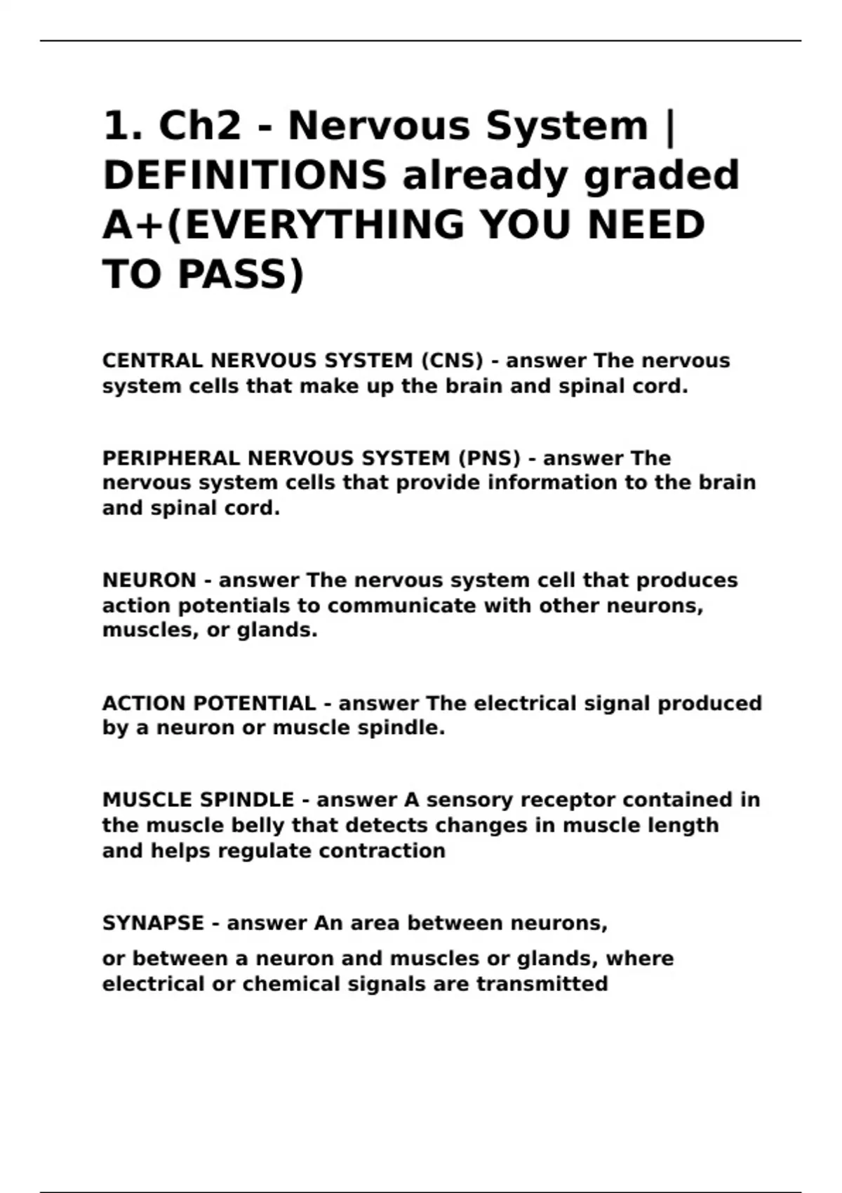 1. Ch2 - Nervous System DEFINITIONS already graded A+(EVERYTHING YOU ...