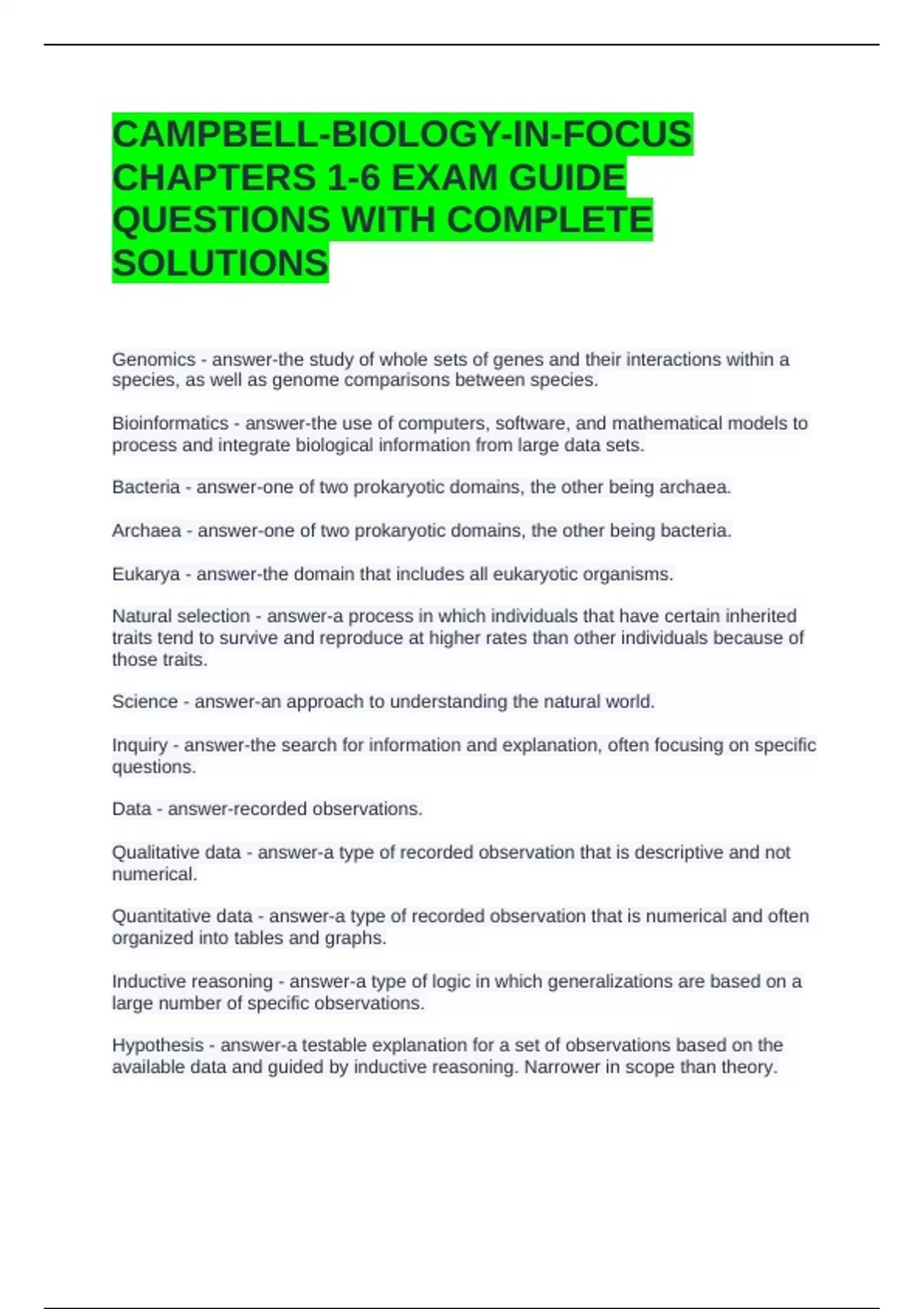 CAMPBELL-BIOLOGY-IN-FOCUS CHAPTERS 1-6 EXAM GUIDE QUESTIONS WITH ...