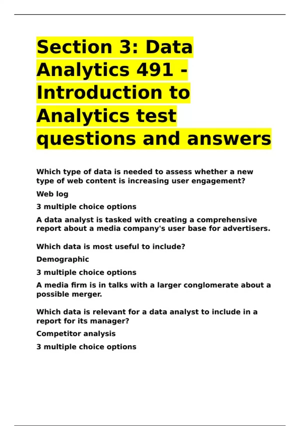 Section 3 Data Analytics 491 - Introduction to Analytics - D491 - Stuvia US
