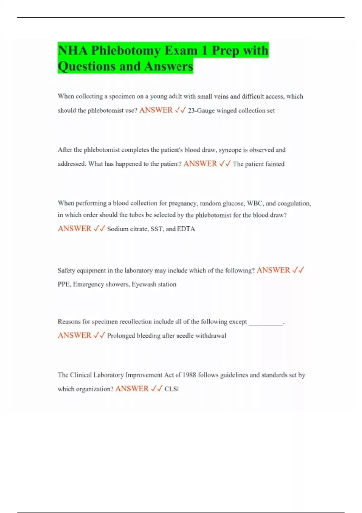 NHA Phlebotomy Exam 1 Prep with Questions and Answers - Phlebotomy ...