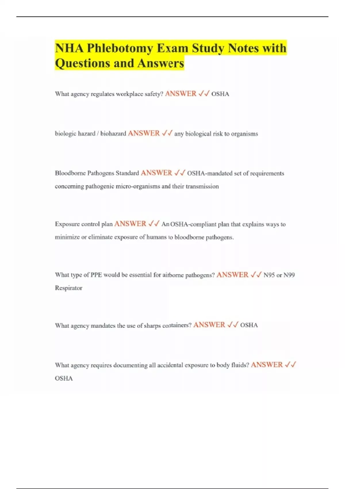 NHA Phlebotomy Exam Study Notes with Questions and Answers - Phlebotomy ...