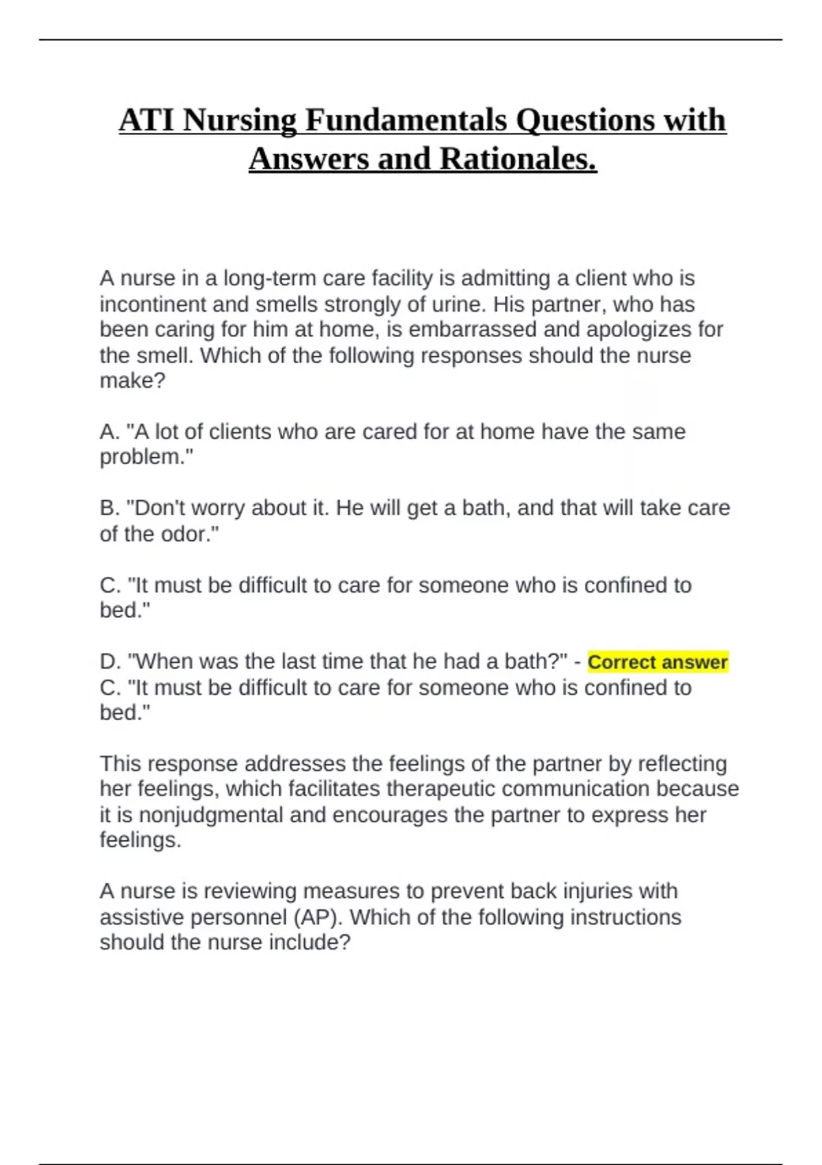 ATI Nursing Fundamentals Questions with Answers and Rationales. - RN ...