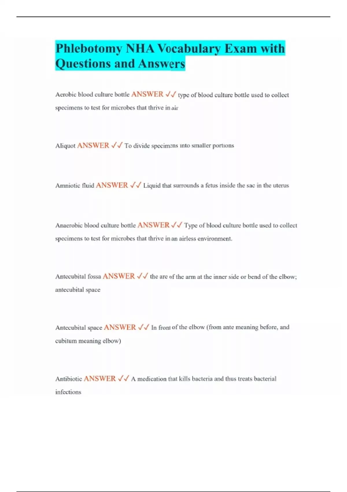 Phlebotomy NHA Vocabulary Exam with Questions and Answers - Phlebotomy ...