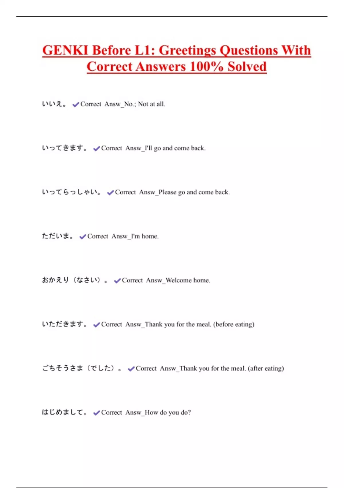 GENKI Before L1: Greetings Questions With Correct Answers 100% Solved - GENKI - Stuvia US