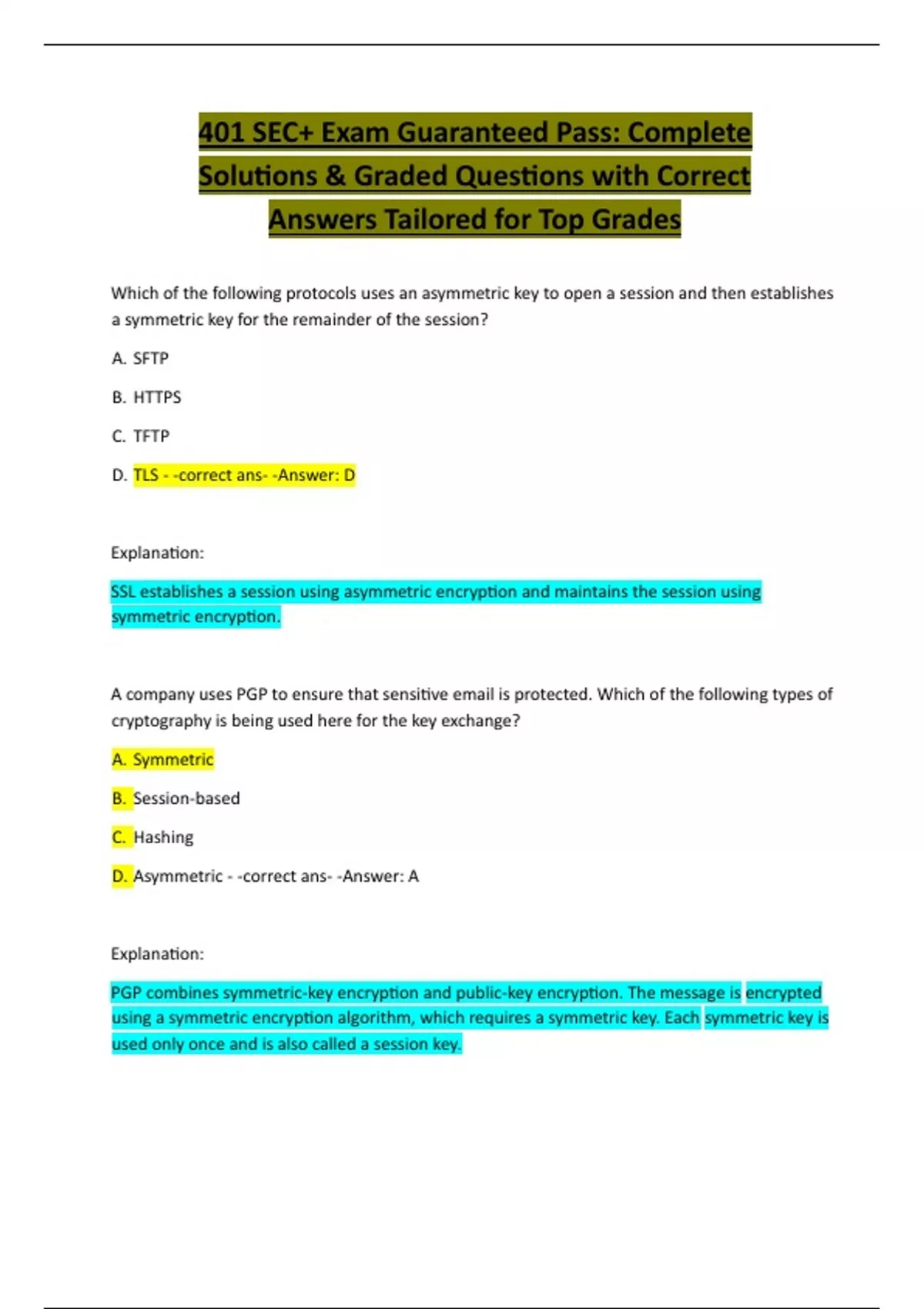 401 SEC+ Exam Guaranteed Pass: Complete Solutions & Graded Questions with Correct Answers ...