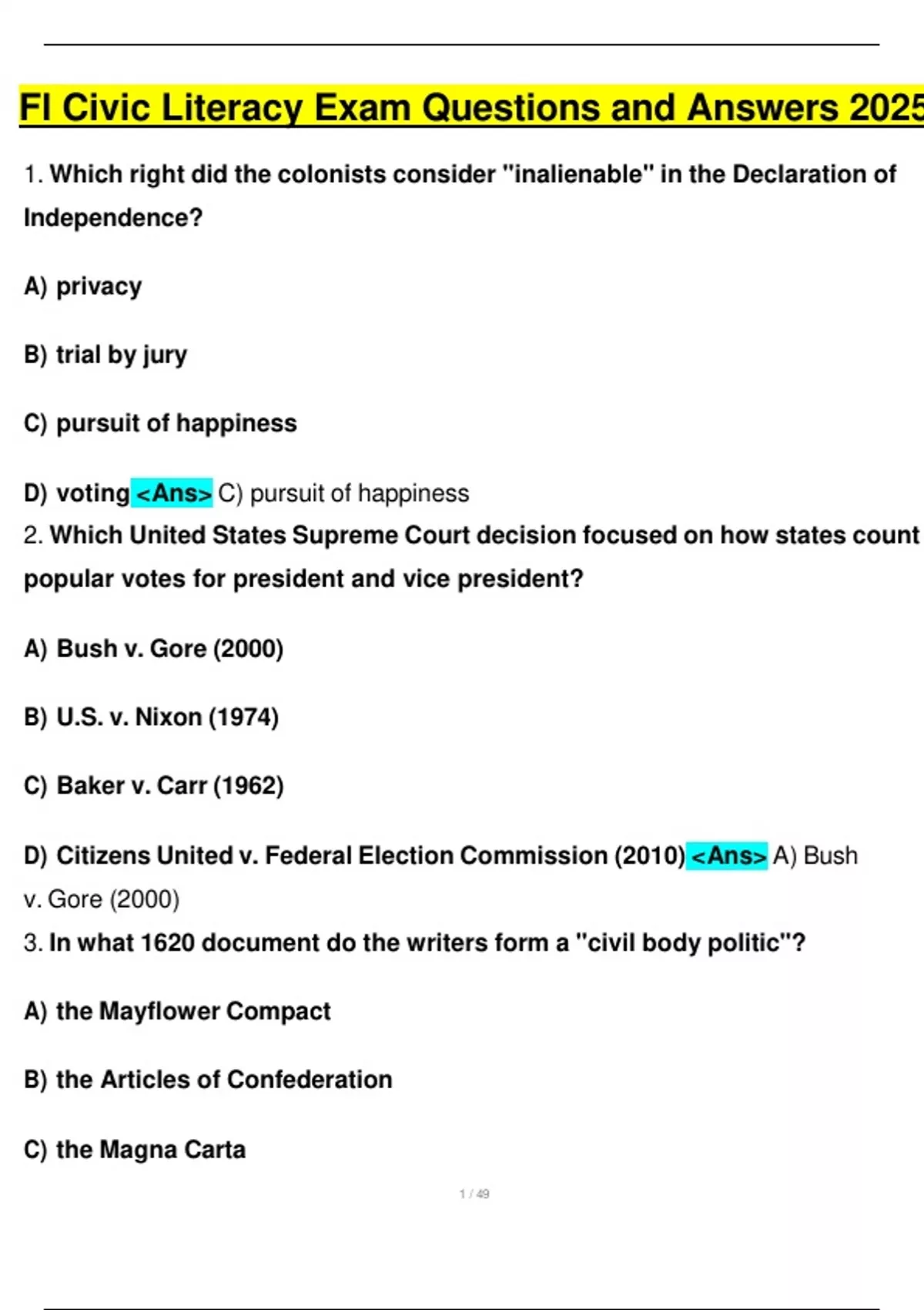 FL Civic Literacy Exam Questions and Answers 2025 - Fl Civic Literacy ...
