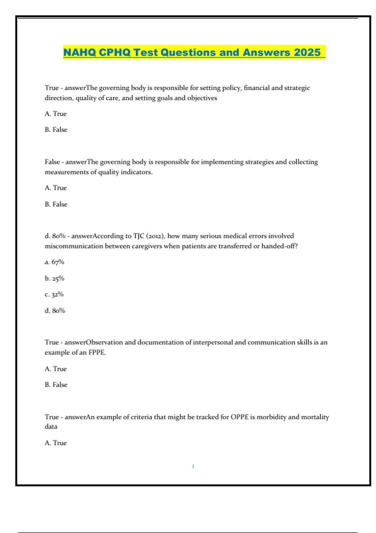 NAHQ CPHQ Test Questions and Answers 2025 - NAHQ CPHQ - Stuvia US