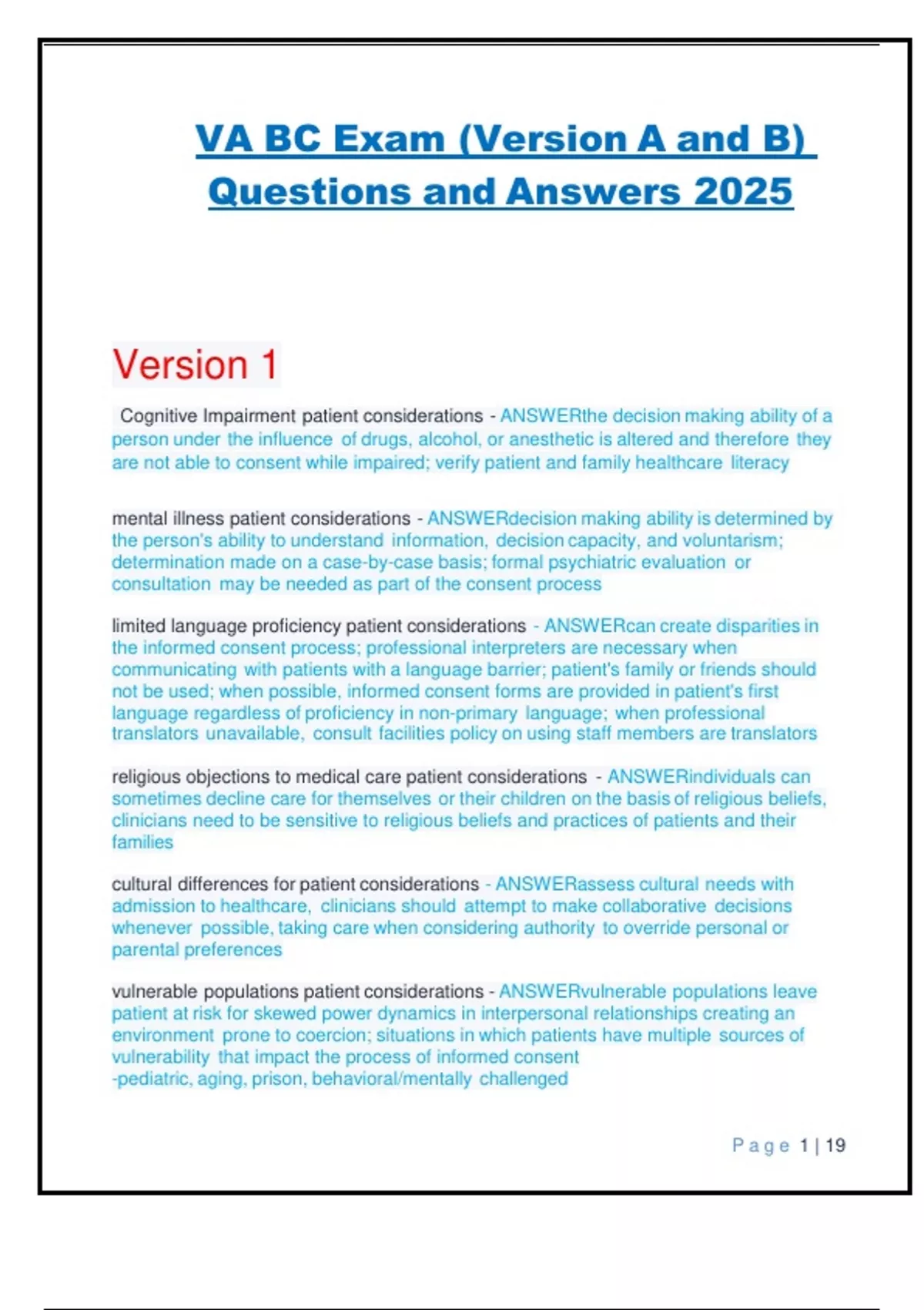 VA BC Exam (Version A and B) Questions and Answers 2025 - VA BC - Stuvia US