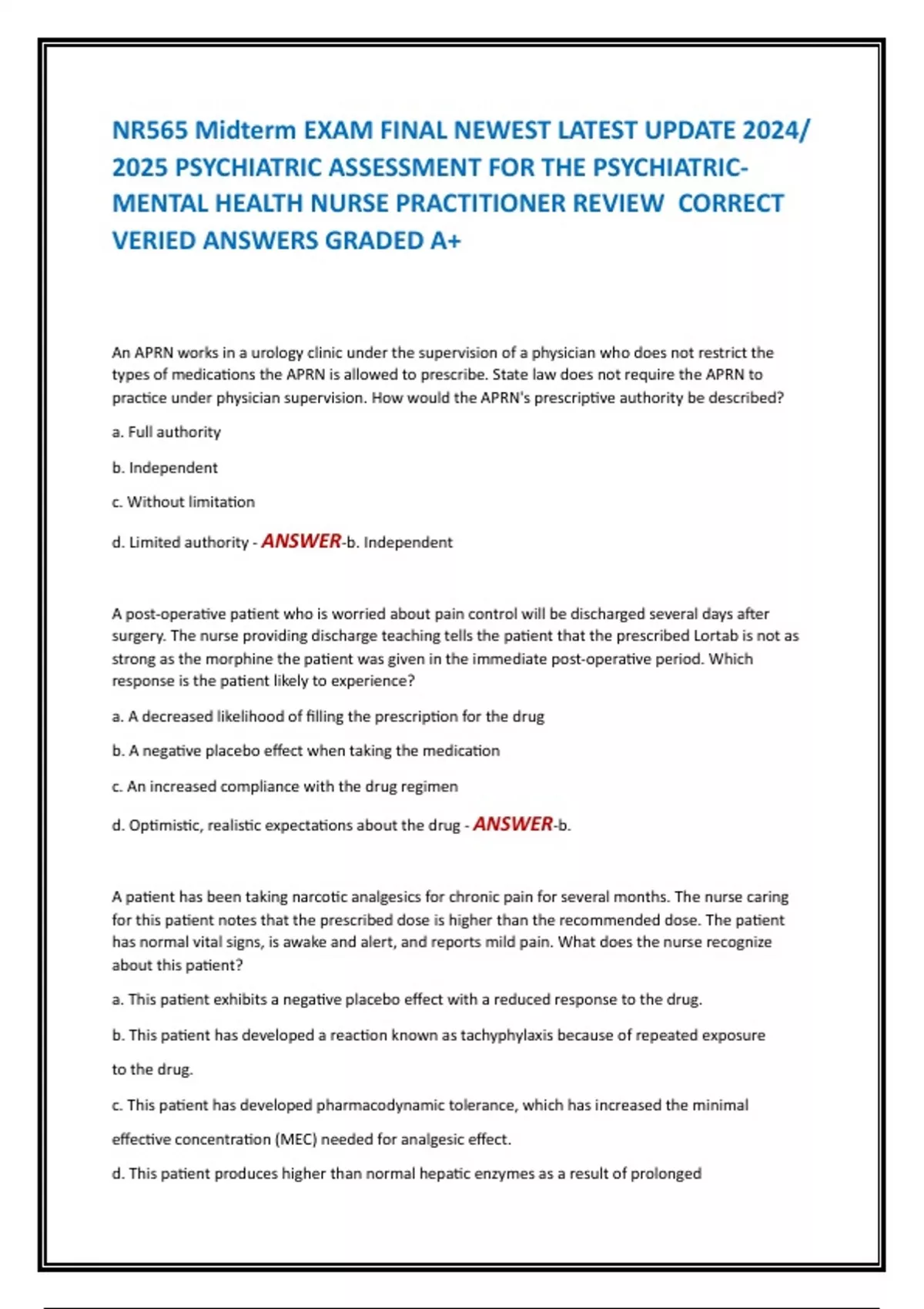NR565 Midterm EXAM FINAL NEWEST LATEST UPDATE 2024/ 2025 PSYCHIATRIC ...