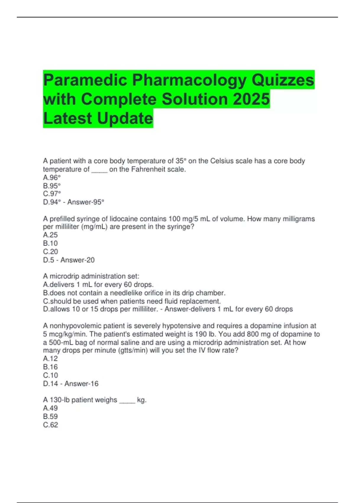 Paramedic Pharmacology Quizzes with Complete Solution 2025 Latest ...