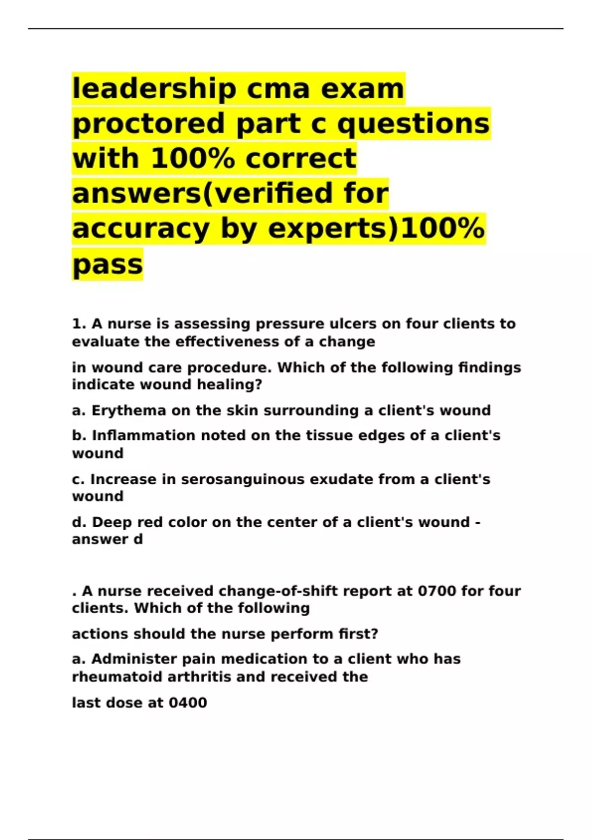 leadership cma exam proctored part c questions with 100- correct ...