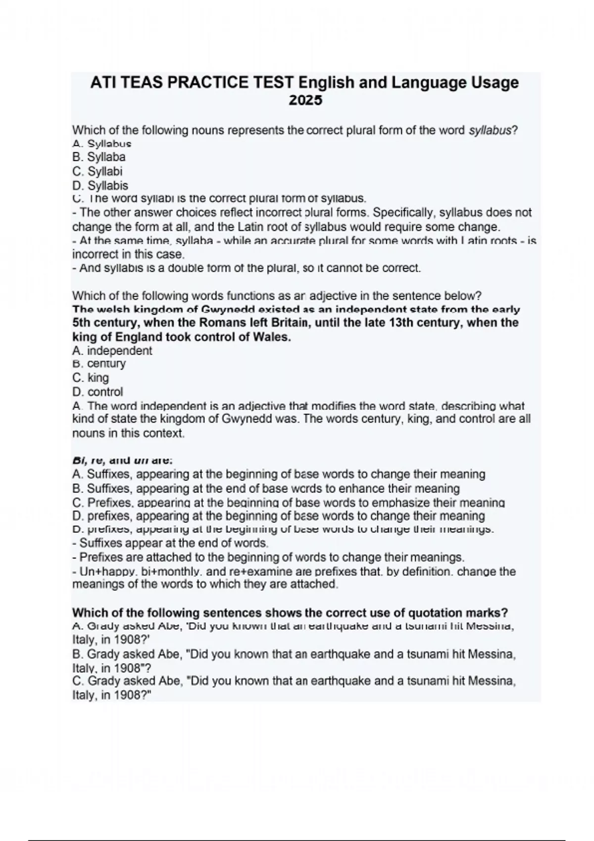 ATI TEAS PRACTICE TEST English and Language Usage 2025 - ATI TEAS ...