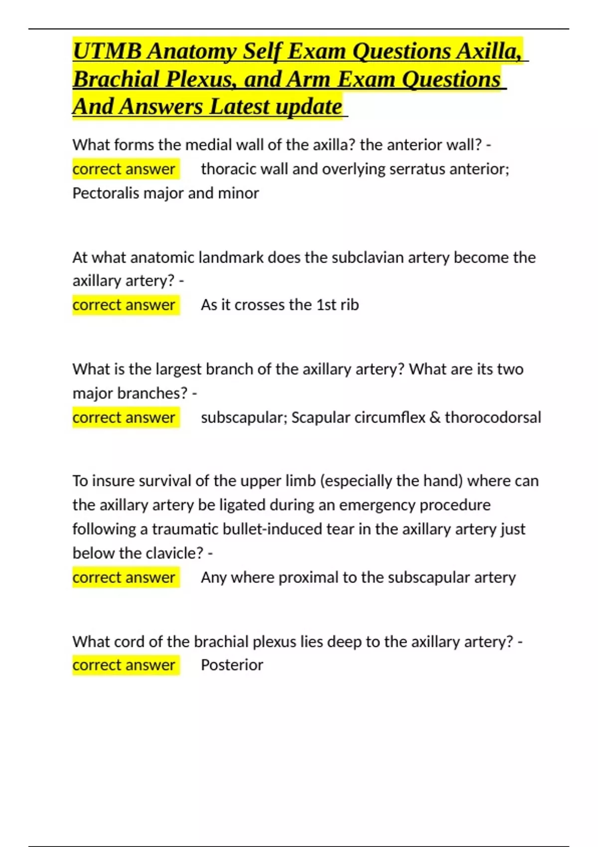 UTMB Anatomy Self Exam Questions Axilla, Brachial Plexus, and Arm Exam Questions And Answers ...