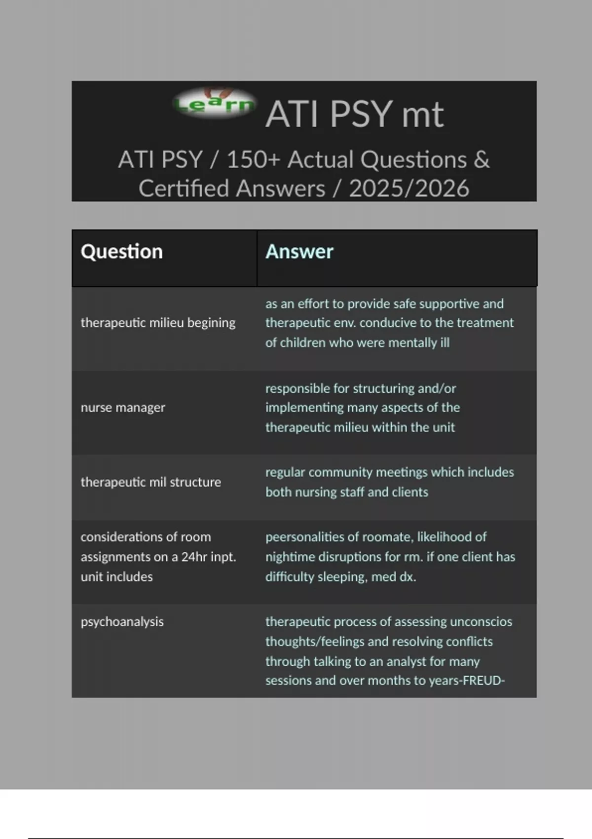 ATI PSY mt ATI PSY / 150+ Actual Questions & Certified Answers / 2025/ ...