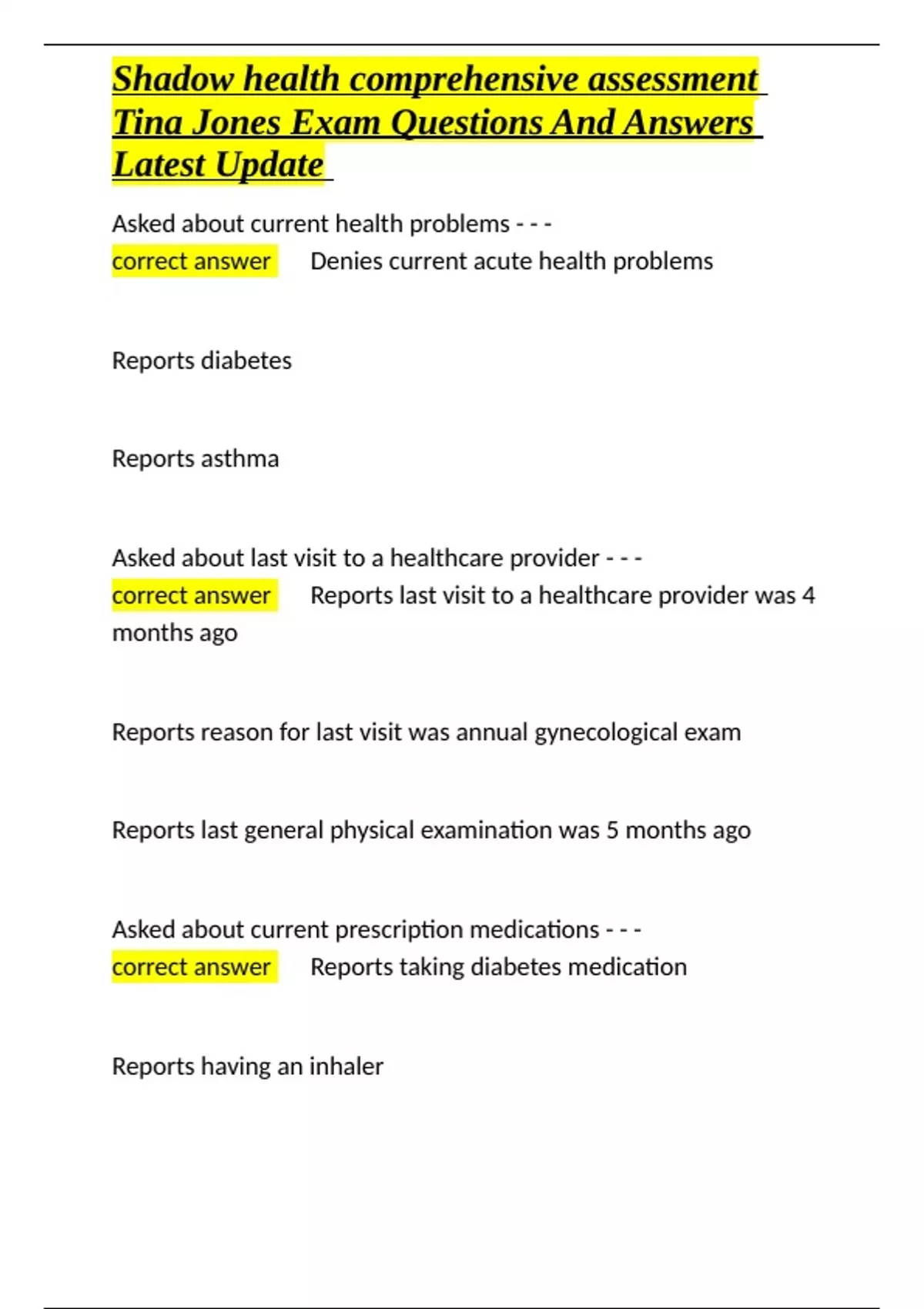 Shadow health comprehensive assessment Tina Jones Exam Questions And ...