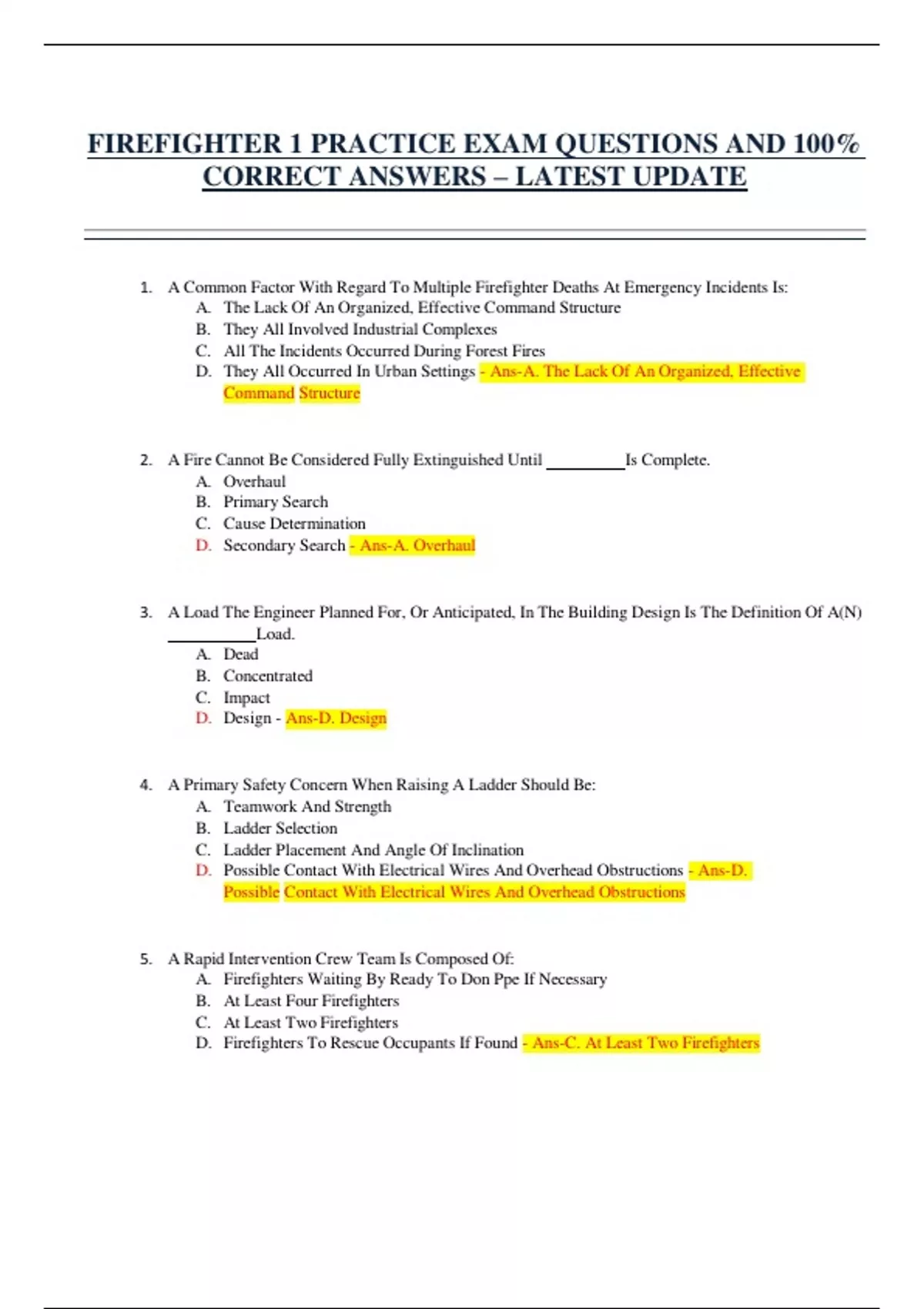 FIREFIGHTER 1 PRACTICE EXAM QUESTIONS AND 100% CORRECT ANSWERS – LATEST ...