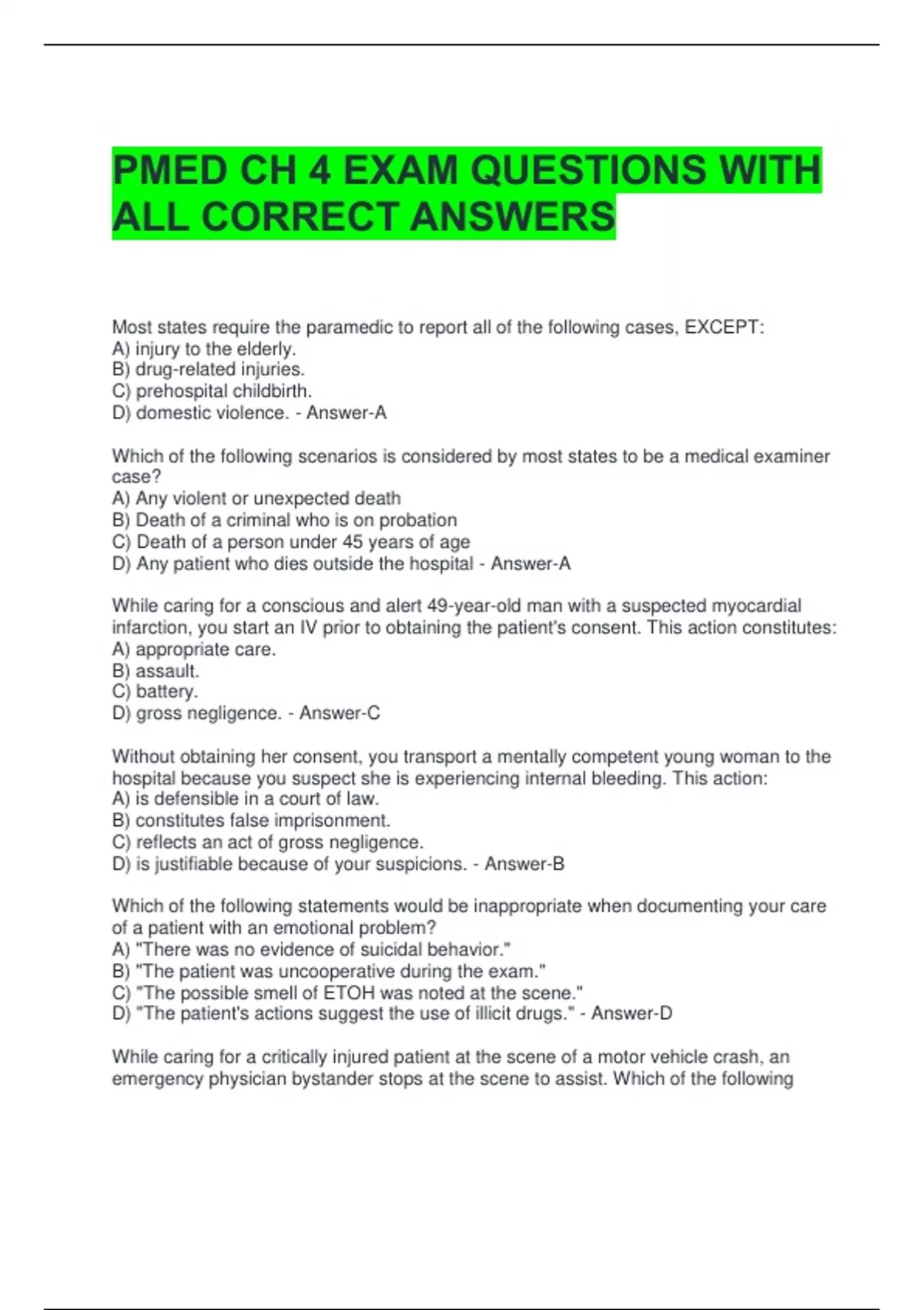 PMED CH 4 EXAM QUESTIONS WITH ALL CORRECT ANSWERS - PMED - Stuvia US