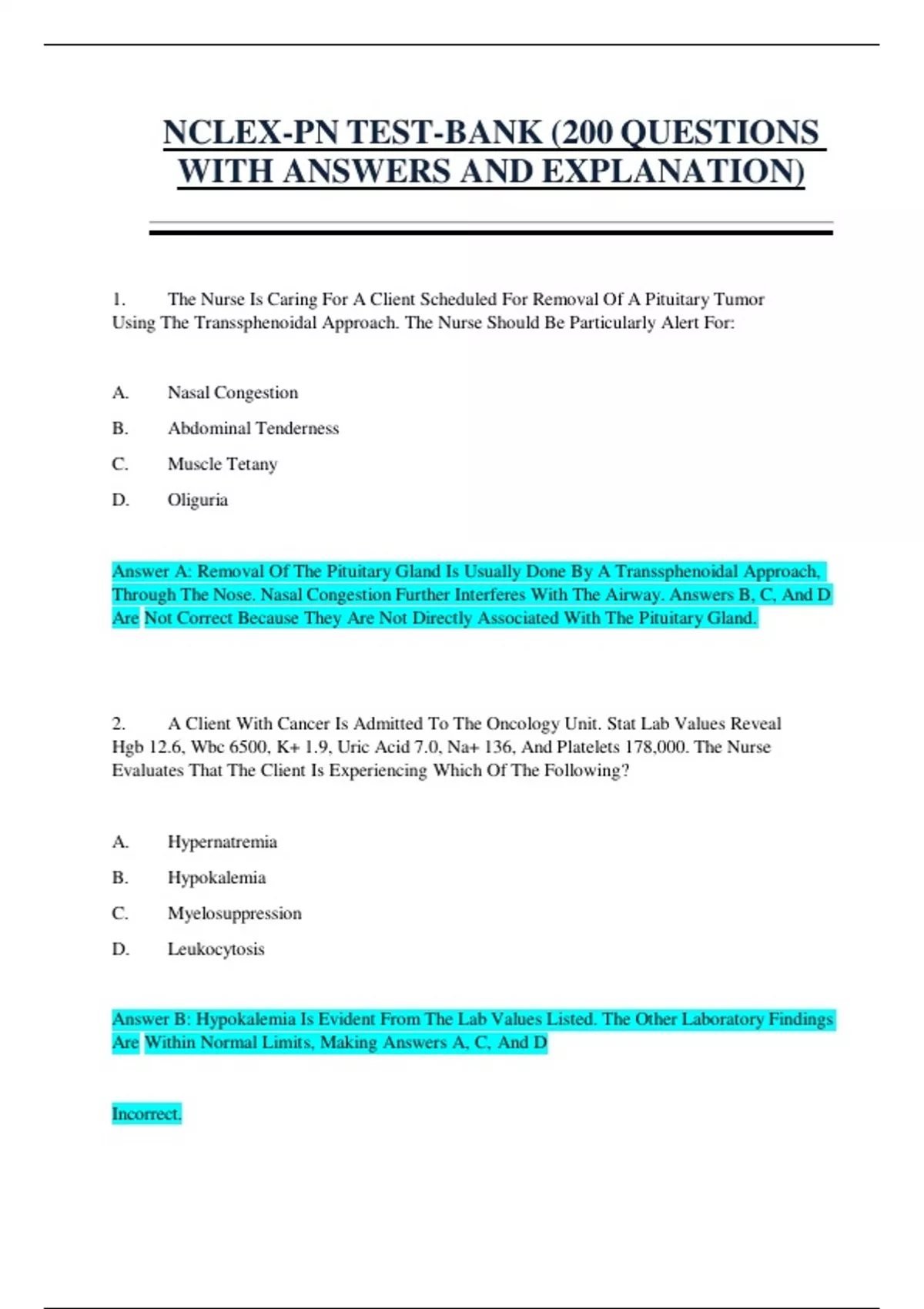 NCLEX-PN TEST-BANK (200 QUESTIONS WITH ANSWERS AND EXPLANATION) - NCLEX ...